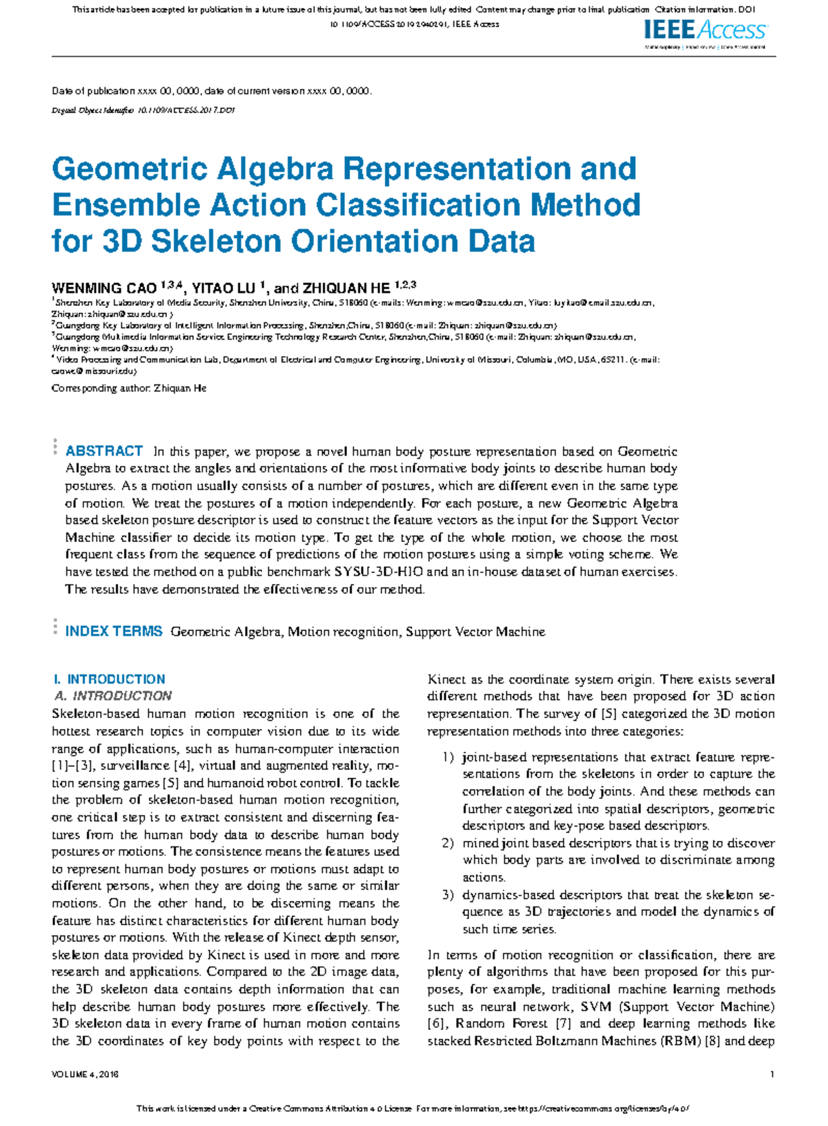 Geometric Algebra Representation and Ensemble Acti - 10.1109/ACCESS.2019, IEEE Access Date of ...