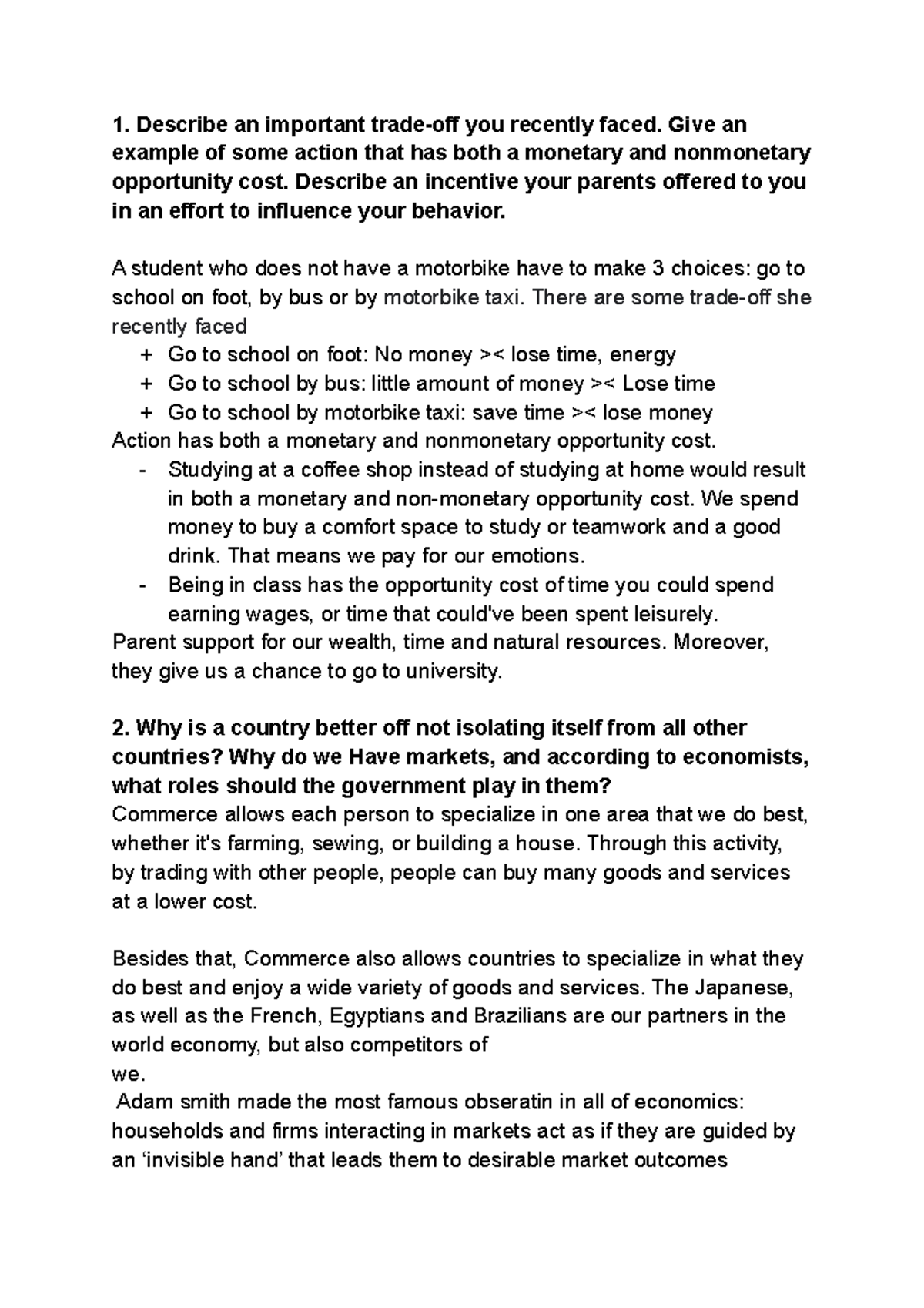 Homework Microeconimics - Describe an important trade-off you recently ...