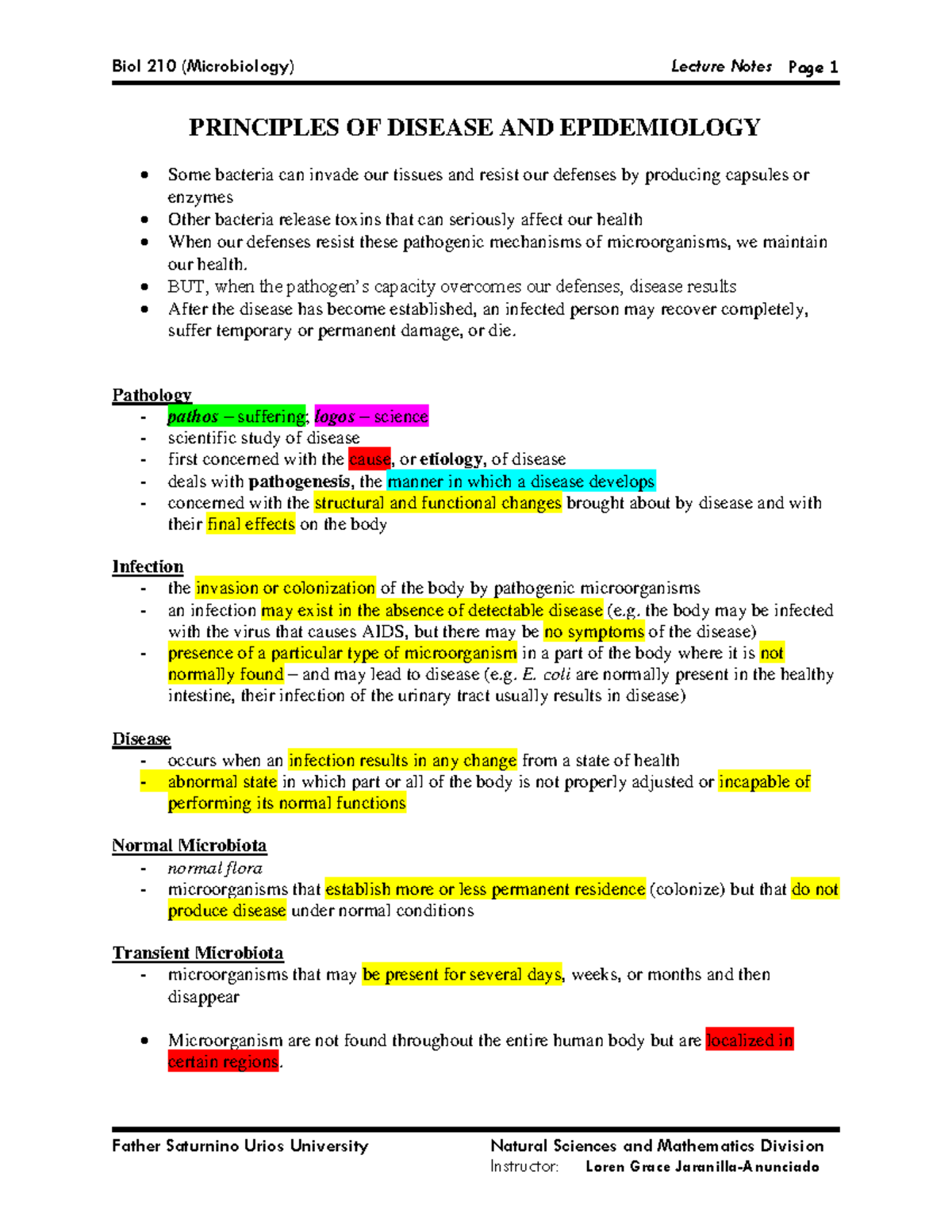 Principles of Disease and Epidemiology - Father Saturnino Urios University Natural Sciences and ...