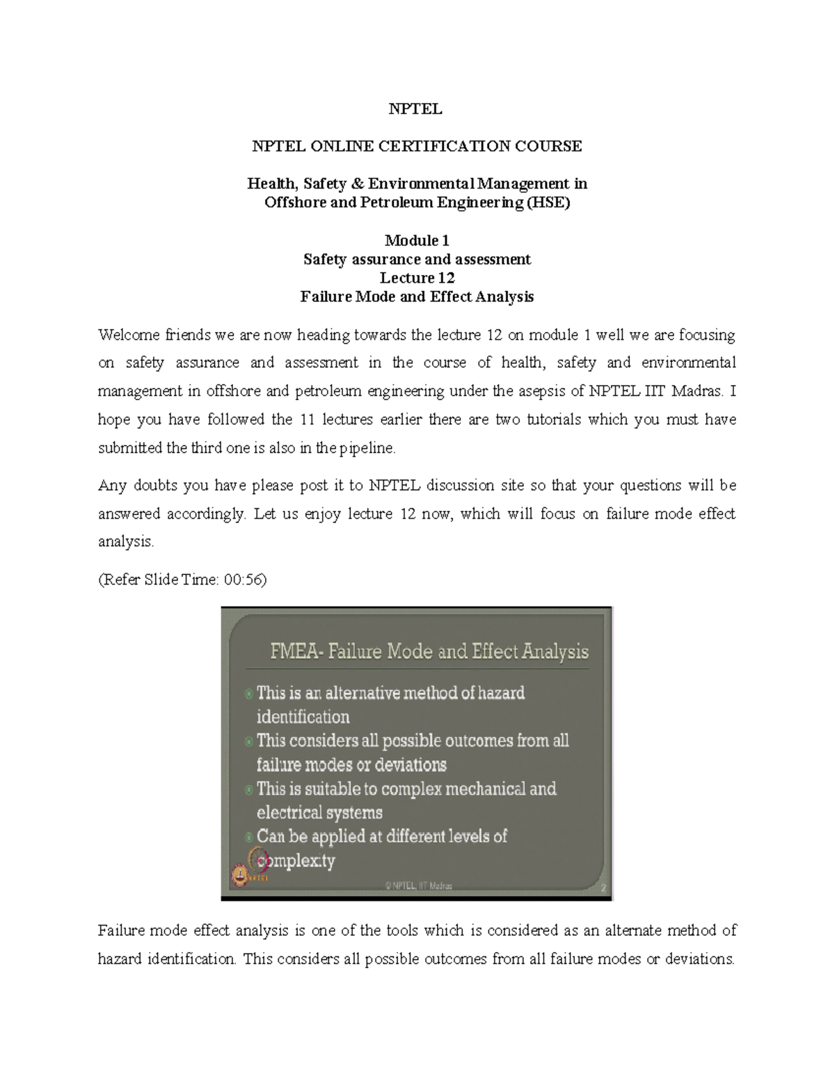 Lec12 - Notes - NPTEL NPTEL ONLINE CERTIFICATION COURSE Health, Safety ...