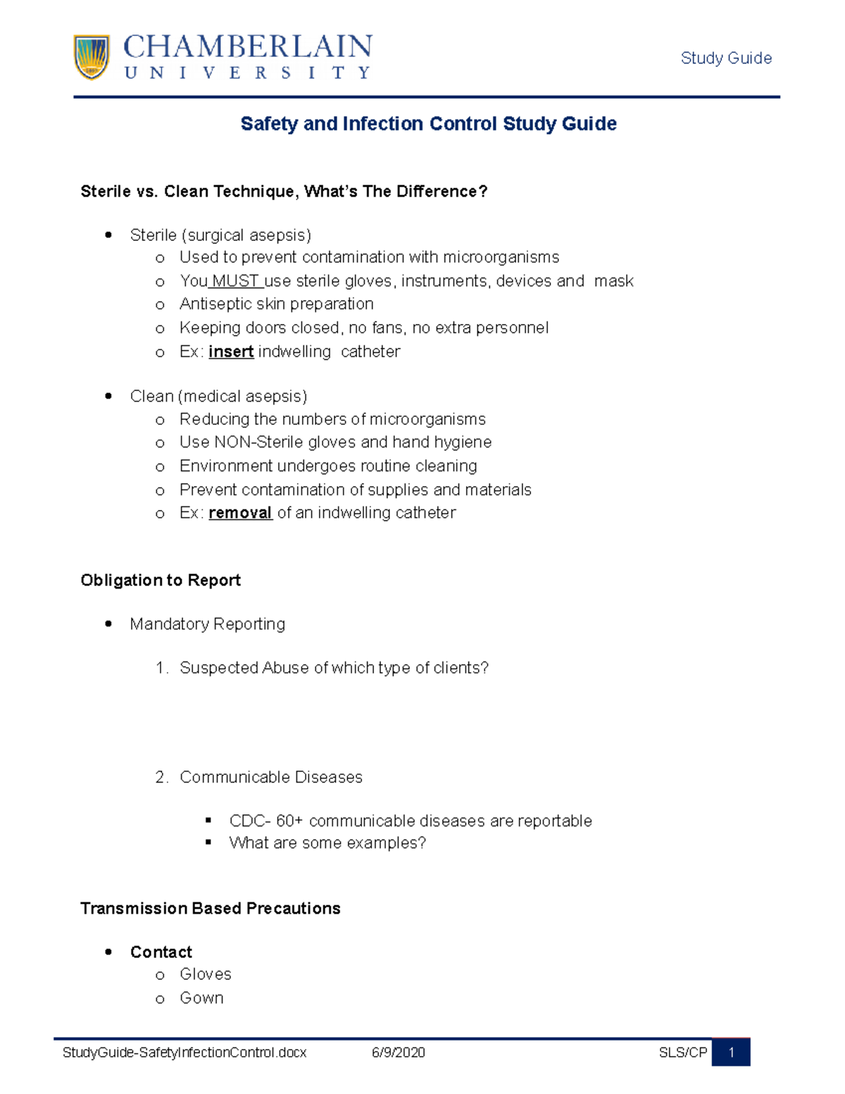 Study Guide-Safety Infection Control - Safety and Infection Control ...