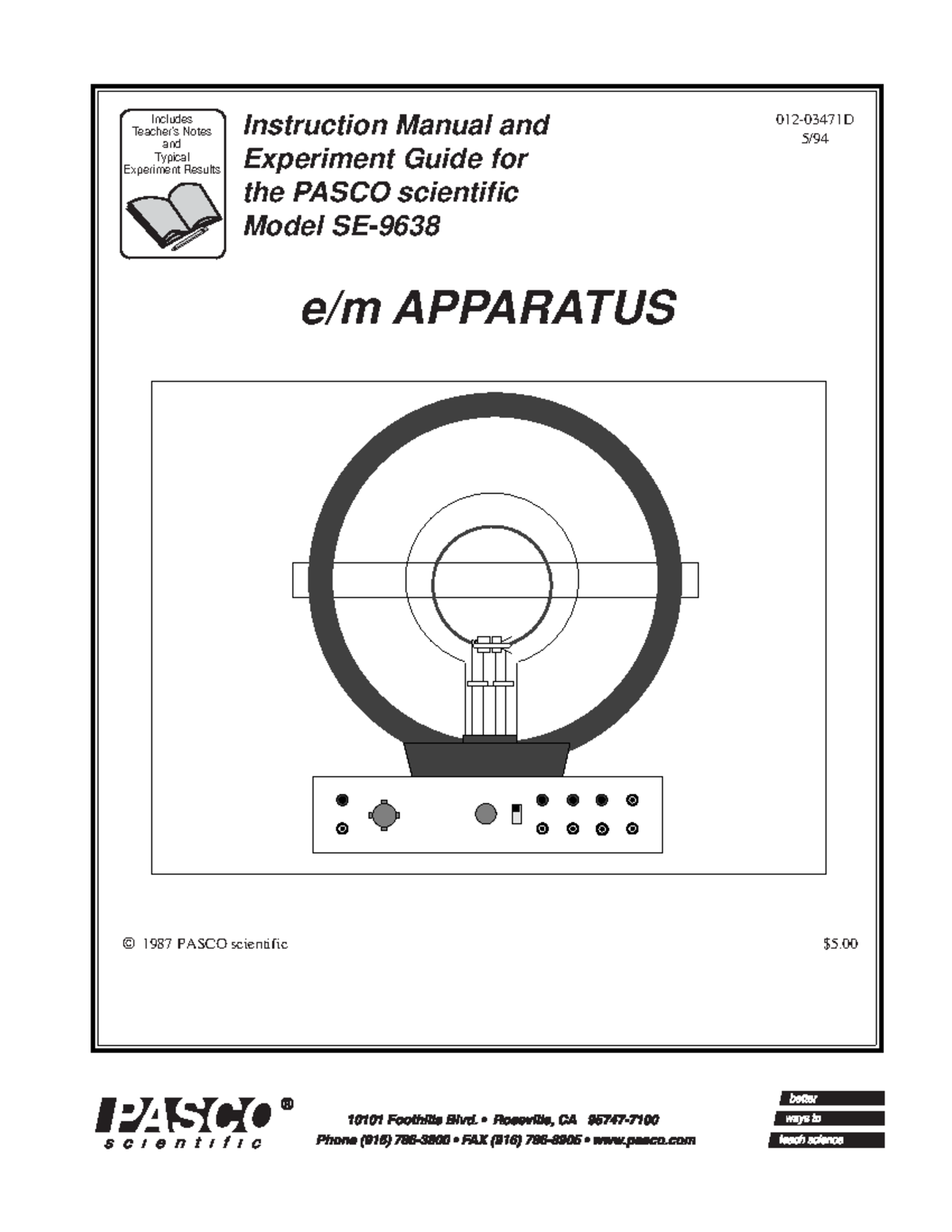 Manual Pasco e m apparatus - © 1987 PASCO scientific $5. ####### 012 ...