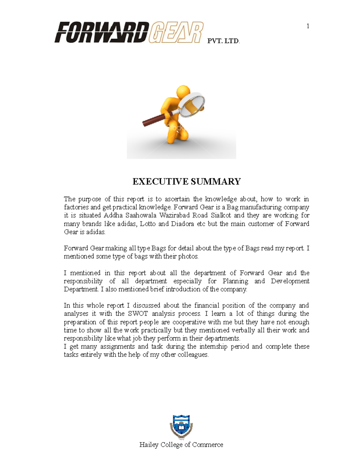 Final report on Forward Gear Haily college - PVT. LTD. EXECUTIVE ...