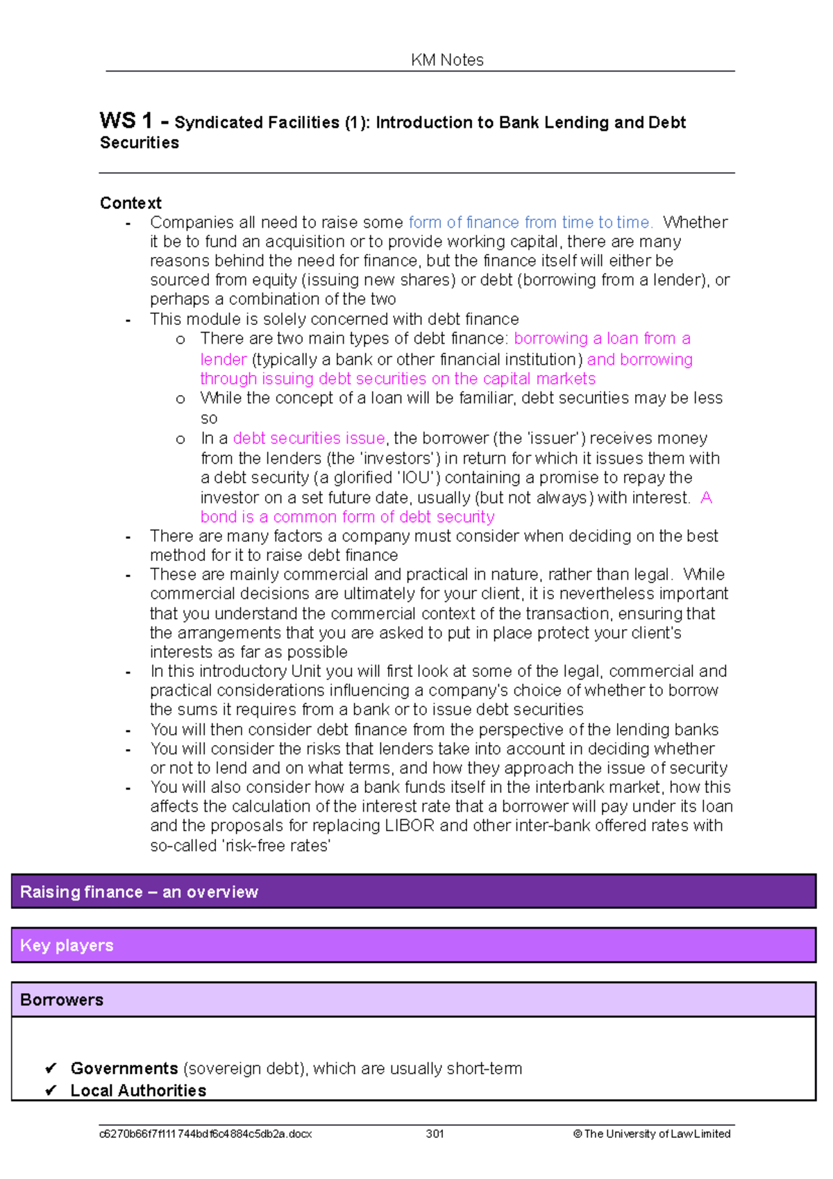 Banking WS 1 - Lecture notes 1 - KM Notes WS 1 - Syndicated Facilities ...