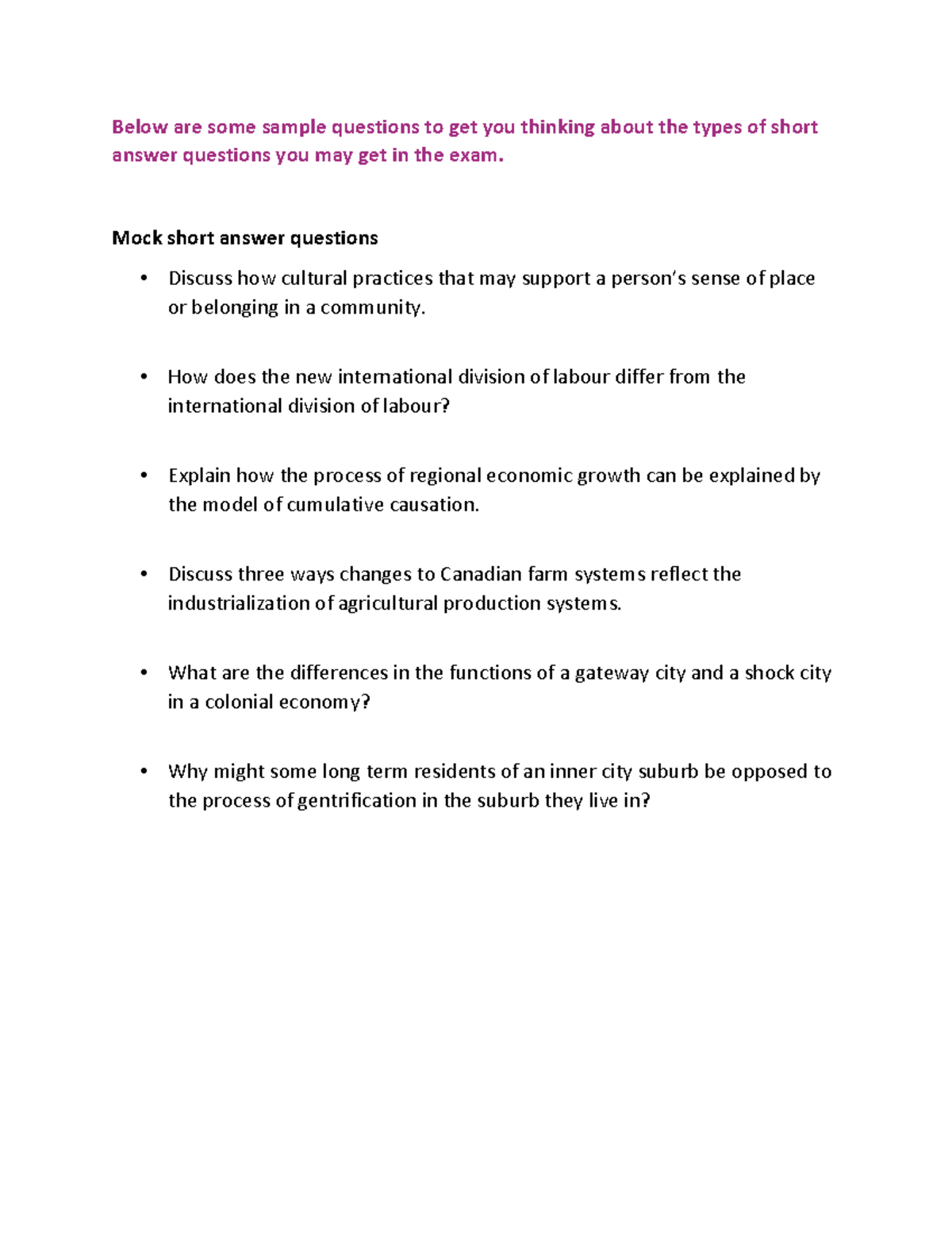 Mock short answer questions Fall 2021 - Below are some sample questions ...