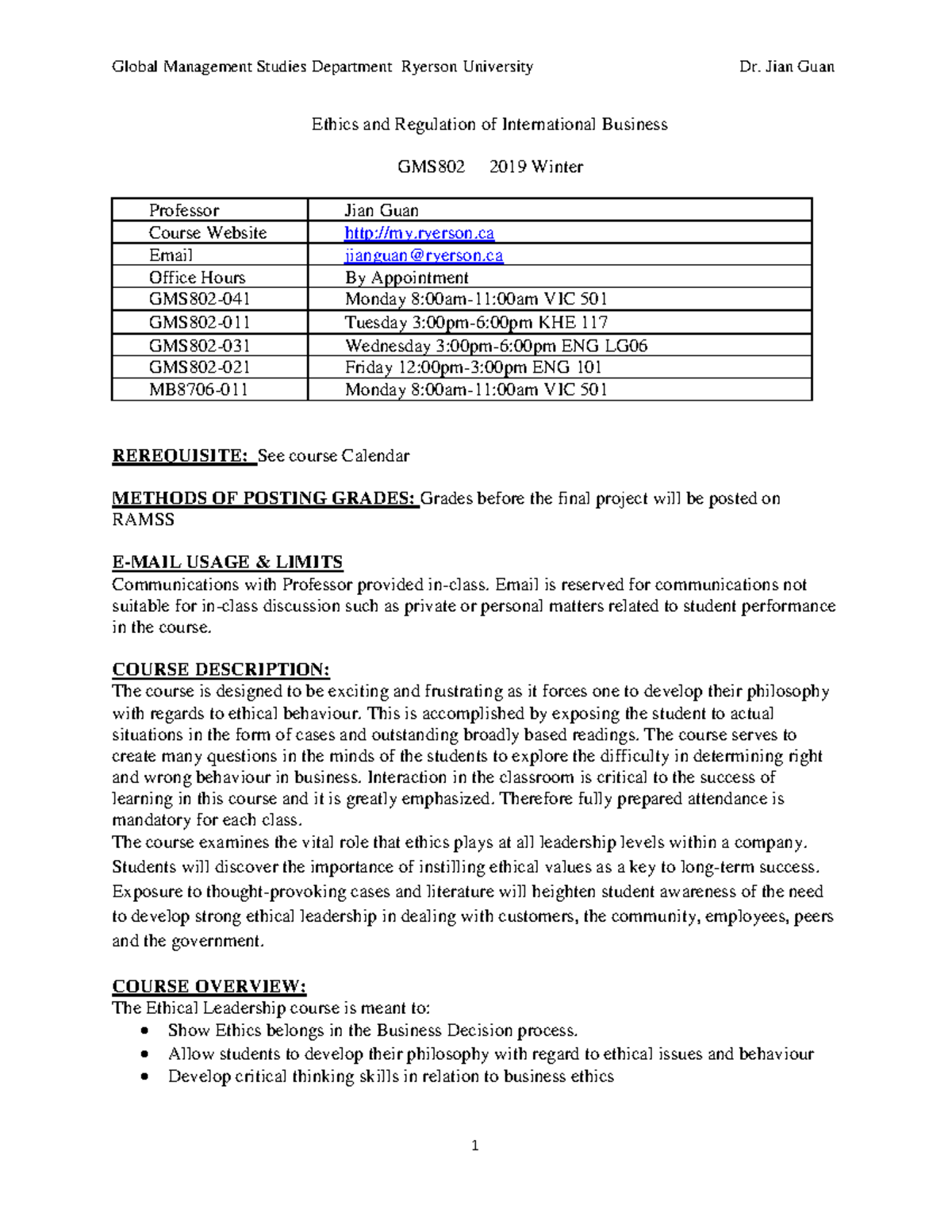 2019 Winter GMS 802 Course Outline - Ethics and Regulation of ...
