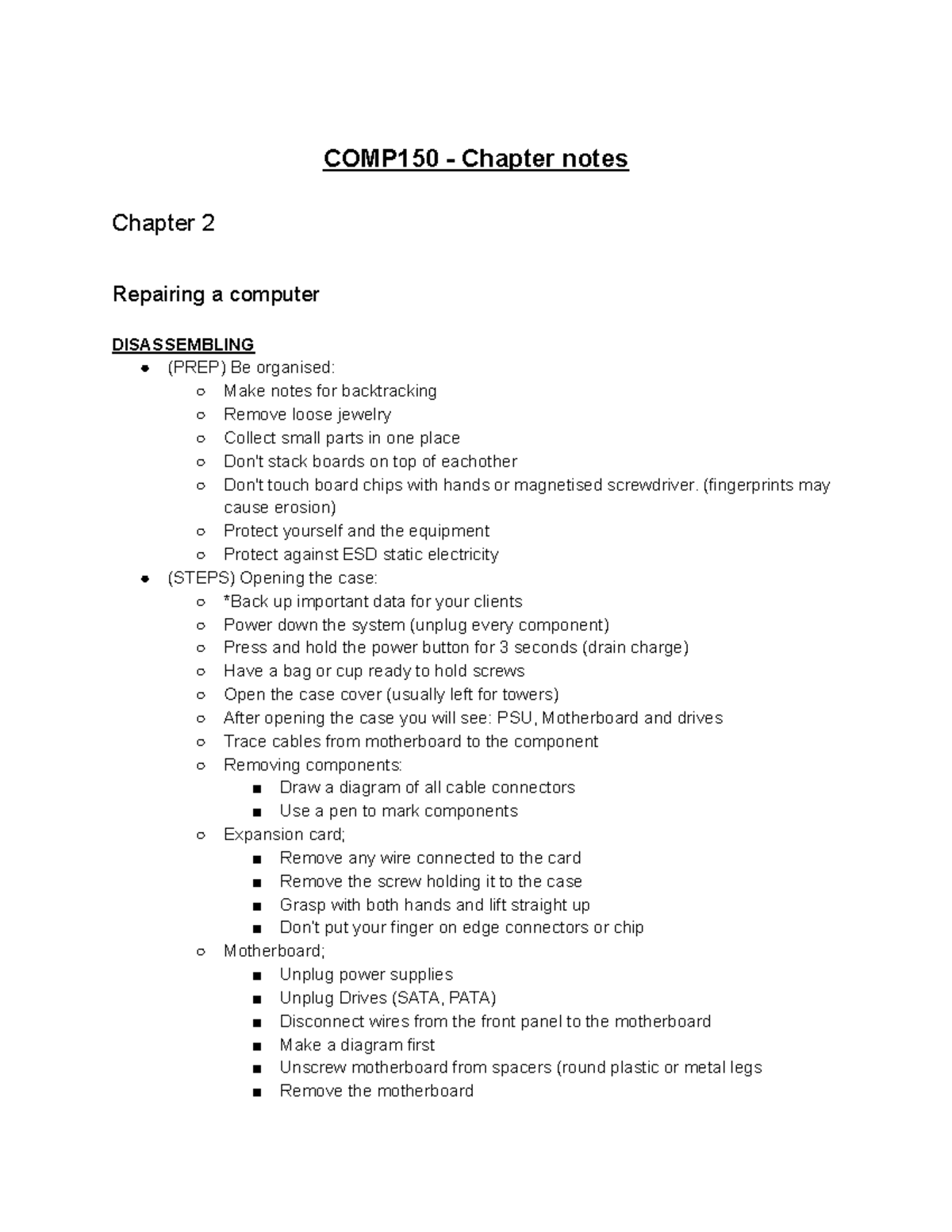 COMP150 - chapter 2 and 3 - COMP150 - Chapter notes Chapter 2 Repairing ...