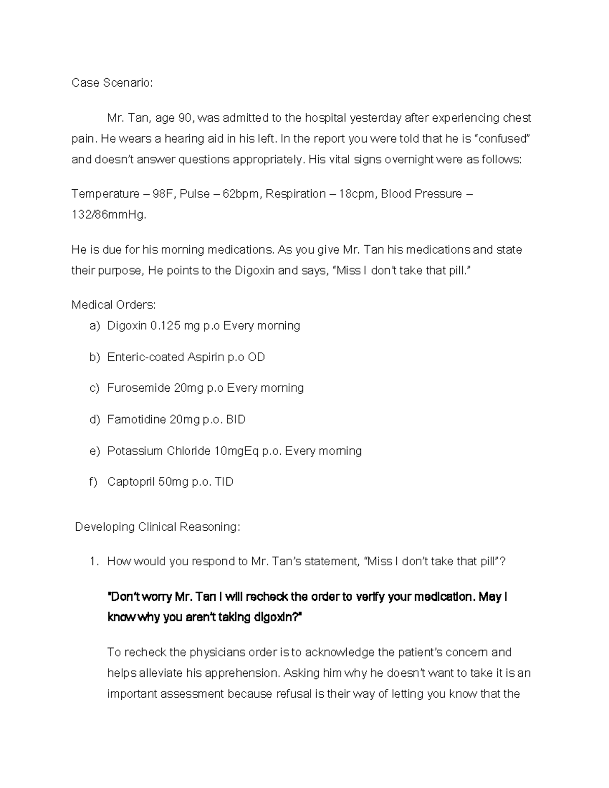 Case Analysis #2 (Care for Older Adults) - Case Scenario: Mr. Tan, age ...