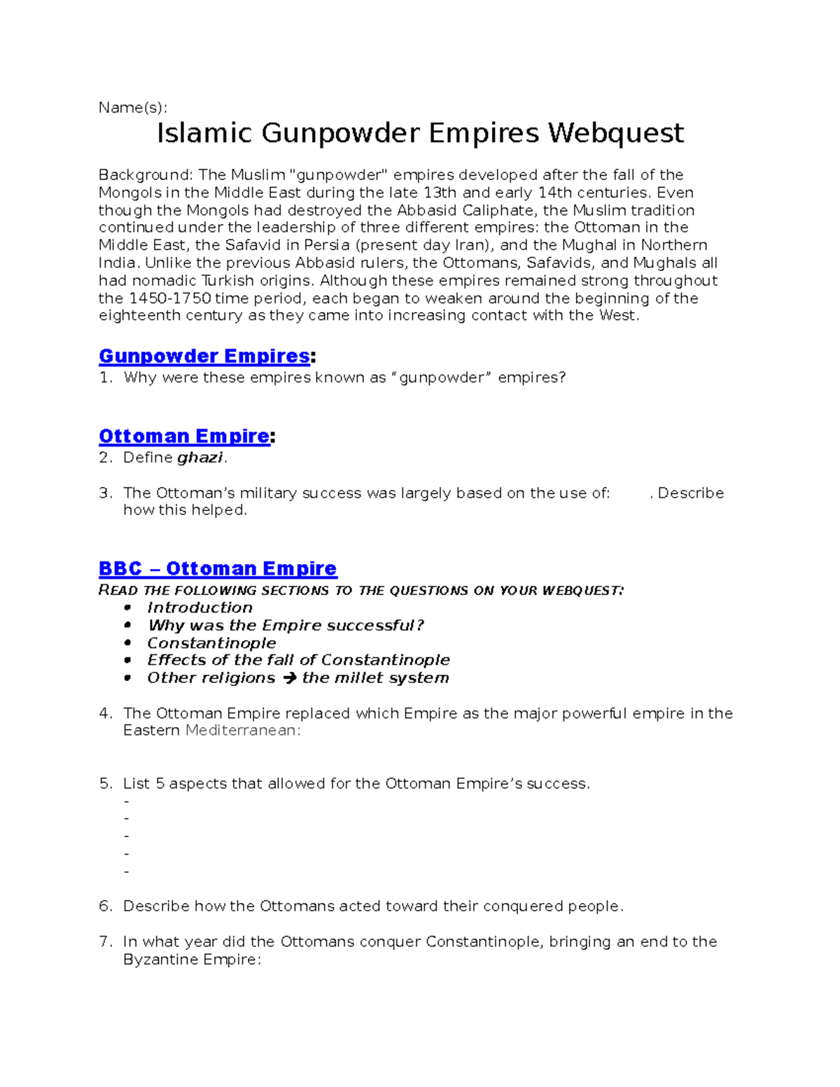 Muslim Gunpowder Empires Webquest - Name(s): Islamic Gunpowder Empires ...
