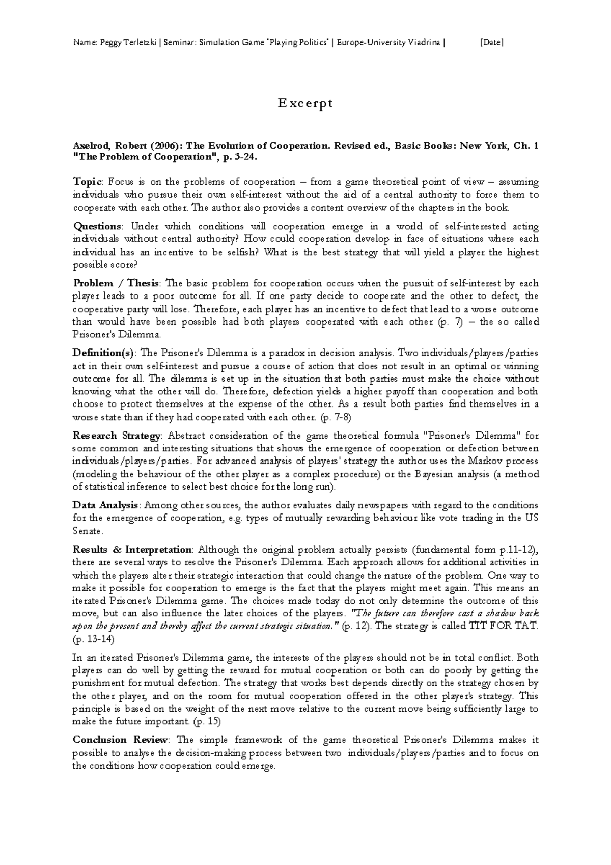 How to write an Excerpt - Example - Name: Peggy Terletzki | Seminar ...