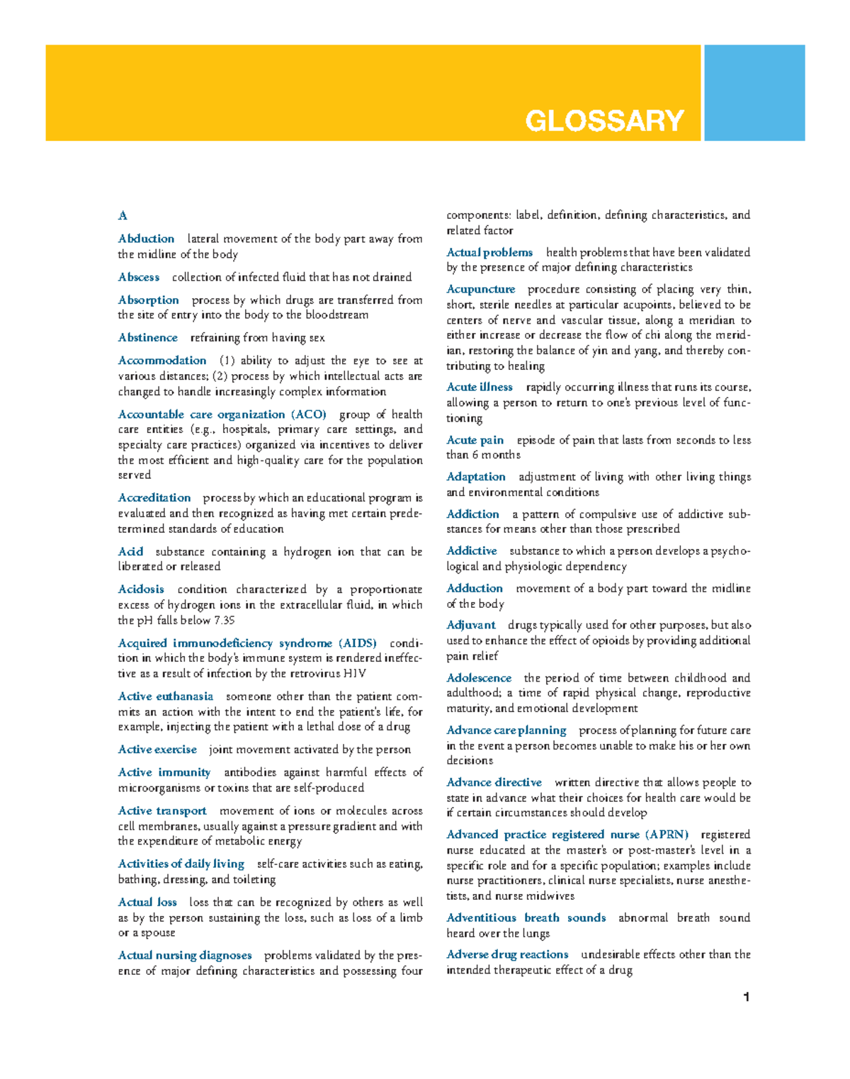 Glossary Fundamentals in Nursing - 1 components: label, definition ...