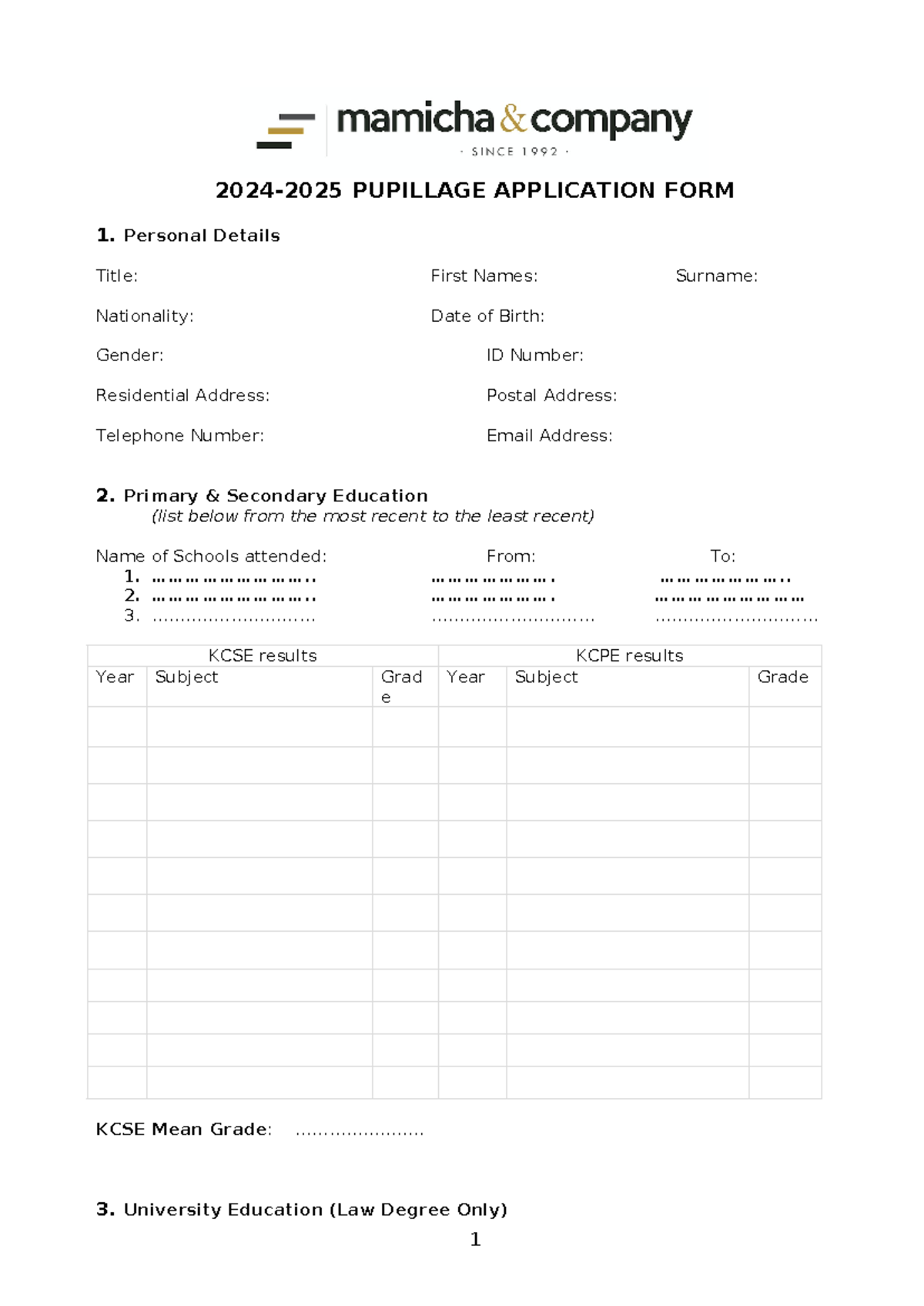 Mamicha-Co - Law - 2024-2025 PUPILLAGE APPLICATION FORM 1. Personal ...