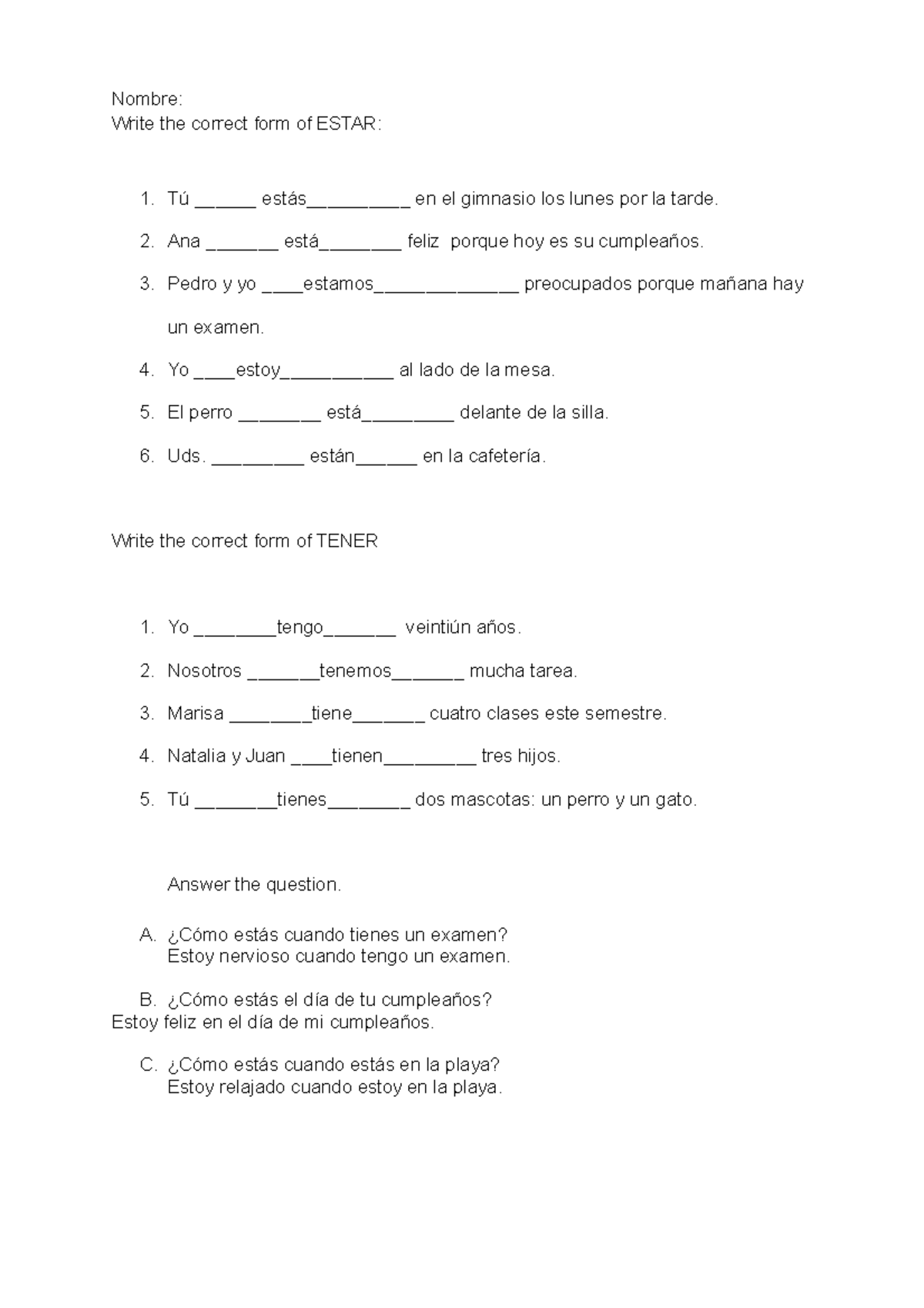 Spn105.1202 blackboard assignment Tarea Tener, estar, etc. - Nombre ...