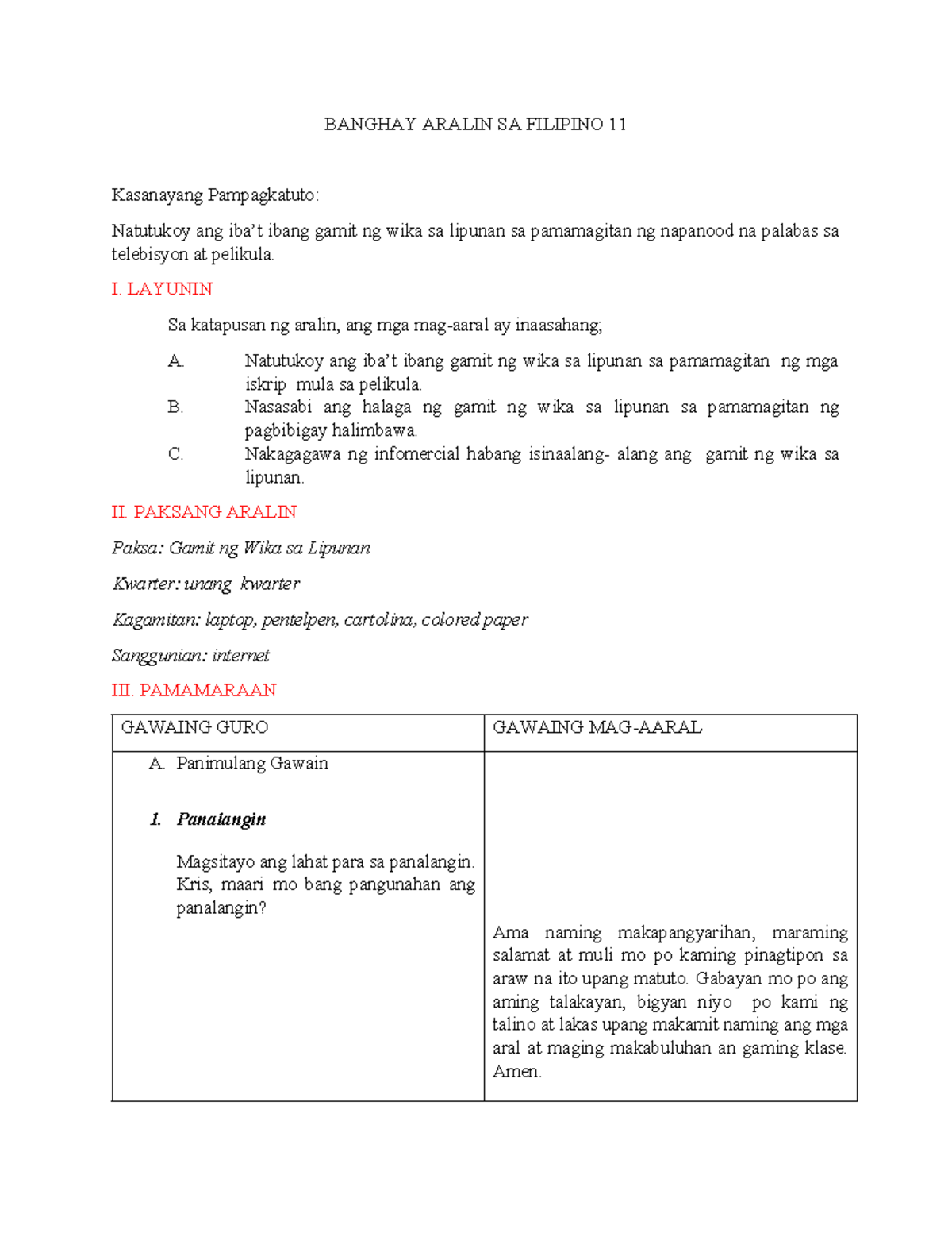 Banghay Aralin SA Filipino 11 - BANGHAY ARALIN SA FILIPINO 11 ...