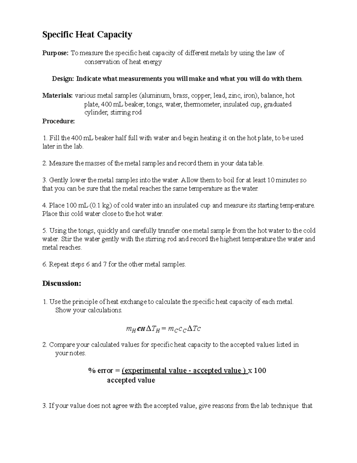 Lab- Specific Heat Capacity covid - Specific Heat Capacity Purpose: To ...