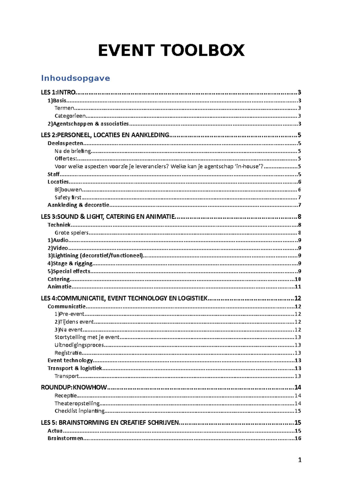 Event toolbox samenvatting lessen - EVENT TOOLBOX LES - Studocu