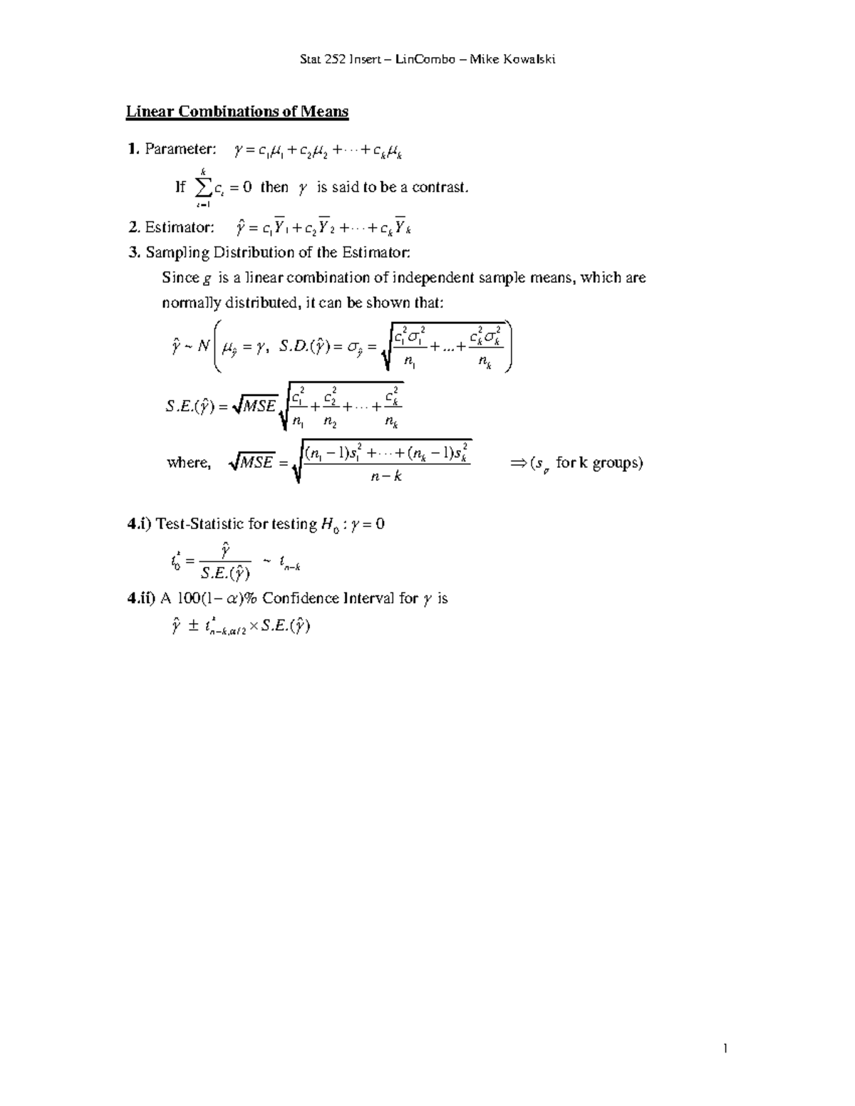 Lin Combo - Stat 252 Insert – LinCombo – Mike Kowalski 1 Linear ...