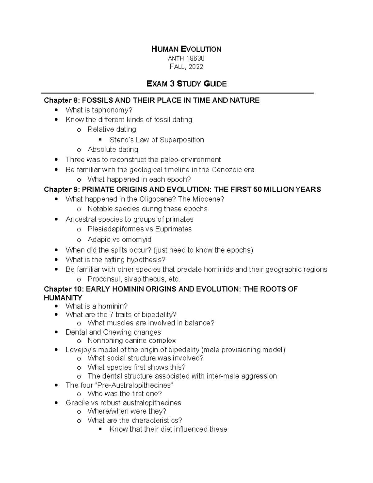 Exam 3 Study Guide - HUMAN EVOLUTION ANTH 18630 FALL, 2022 EXAM 3 STUDY ...