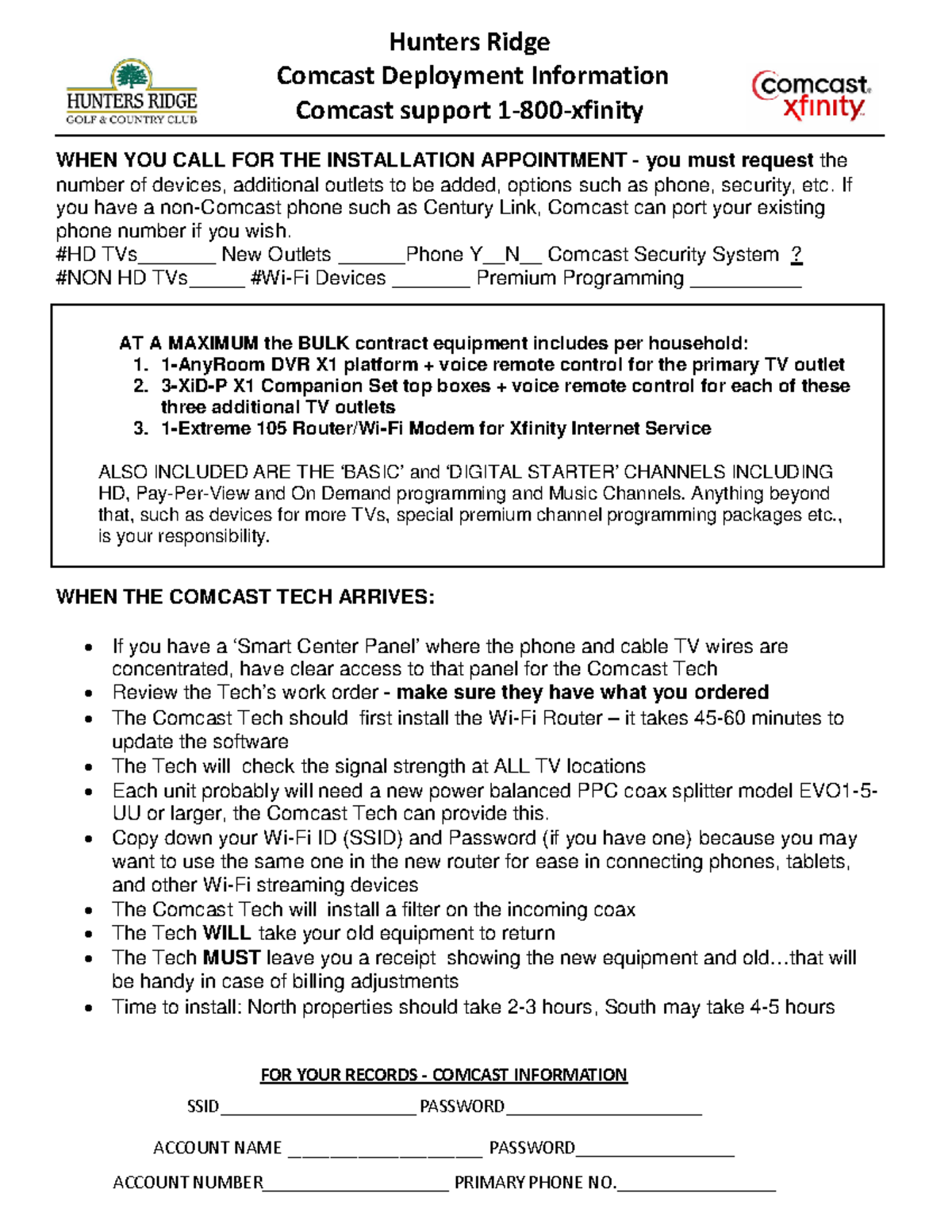 Comcast Installation Information - FOR YOUR RECORDS - COMCAST ...