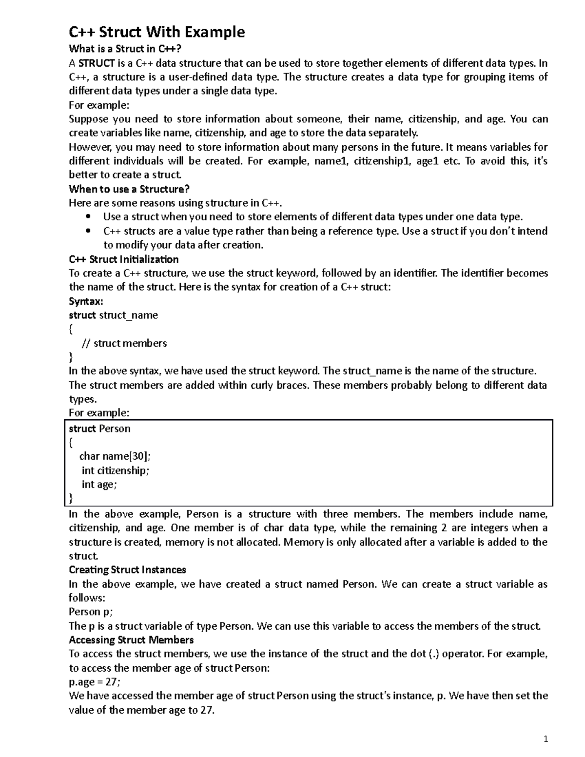 Struct With Example - KTLT - C++ Struct With Example What is a Struct ...