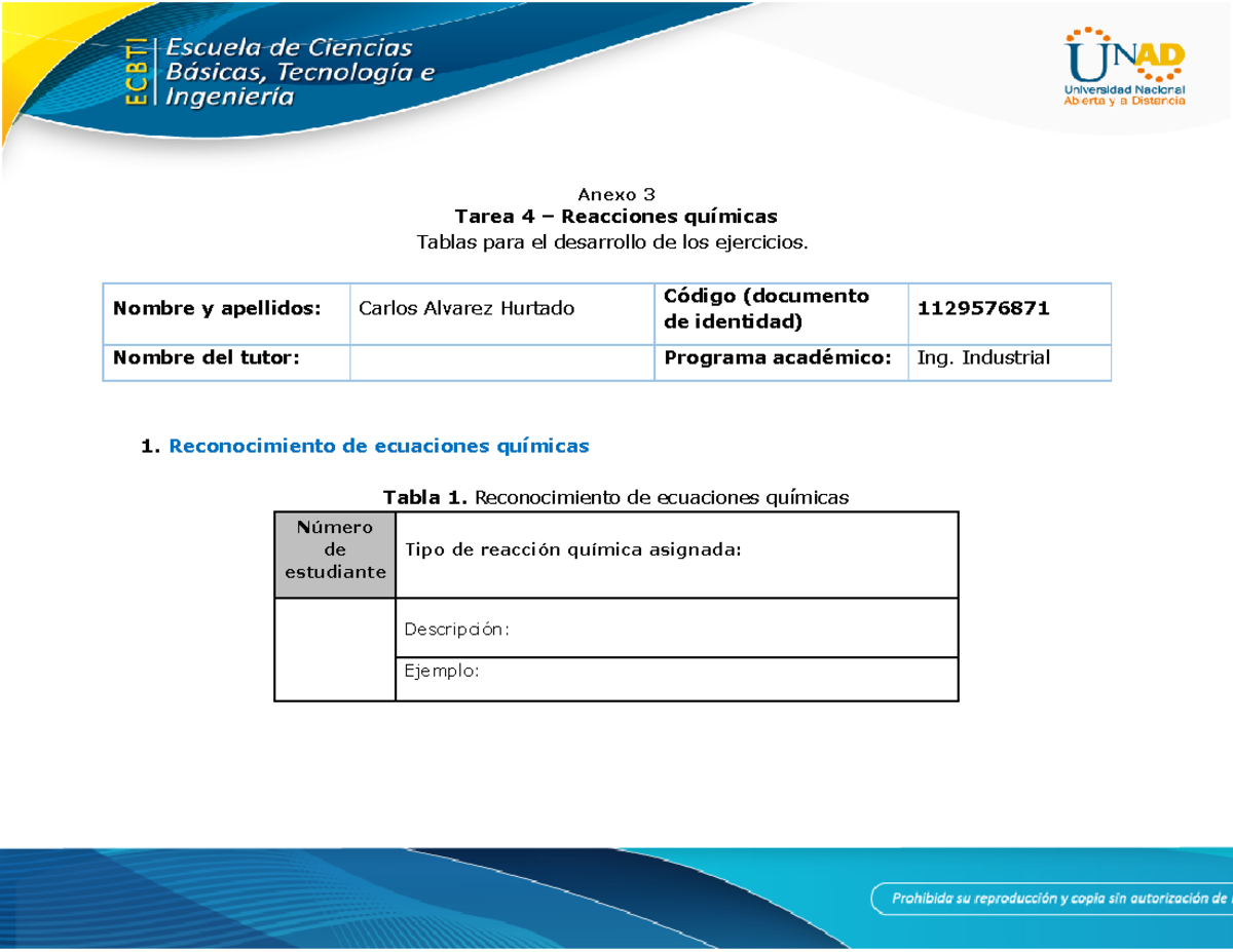 Anexo 3 Reacciones quimicas - Anexo 3 Tarea 4 – Reacciones químicas Tablas para el desarrollo de ...
