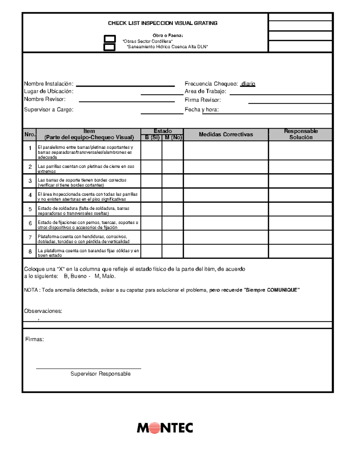 Check List Grating - CHECK LIST INSPECCIÓN VISUAL GRATING Obra o Faena ...