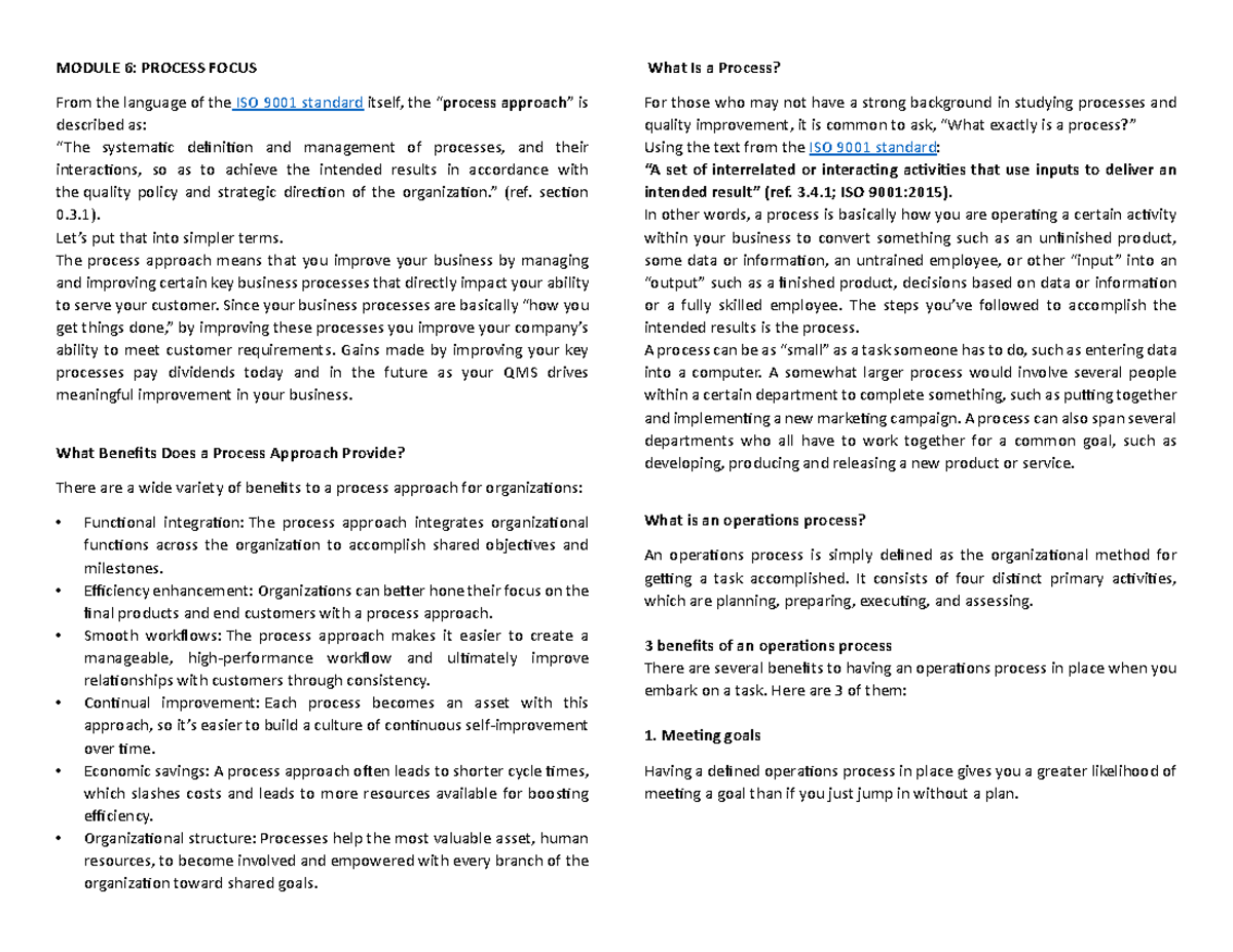 TQM Module 6 7 - Lecture Notes - MODULE 6: PROCESS FOCUS From the ...