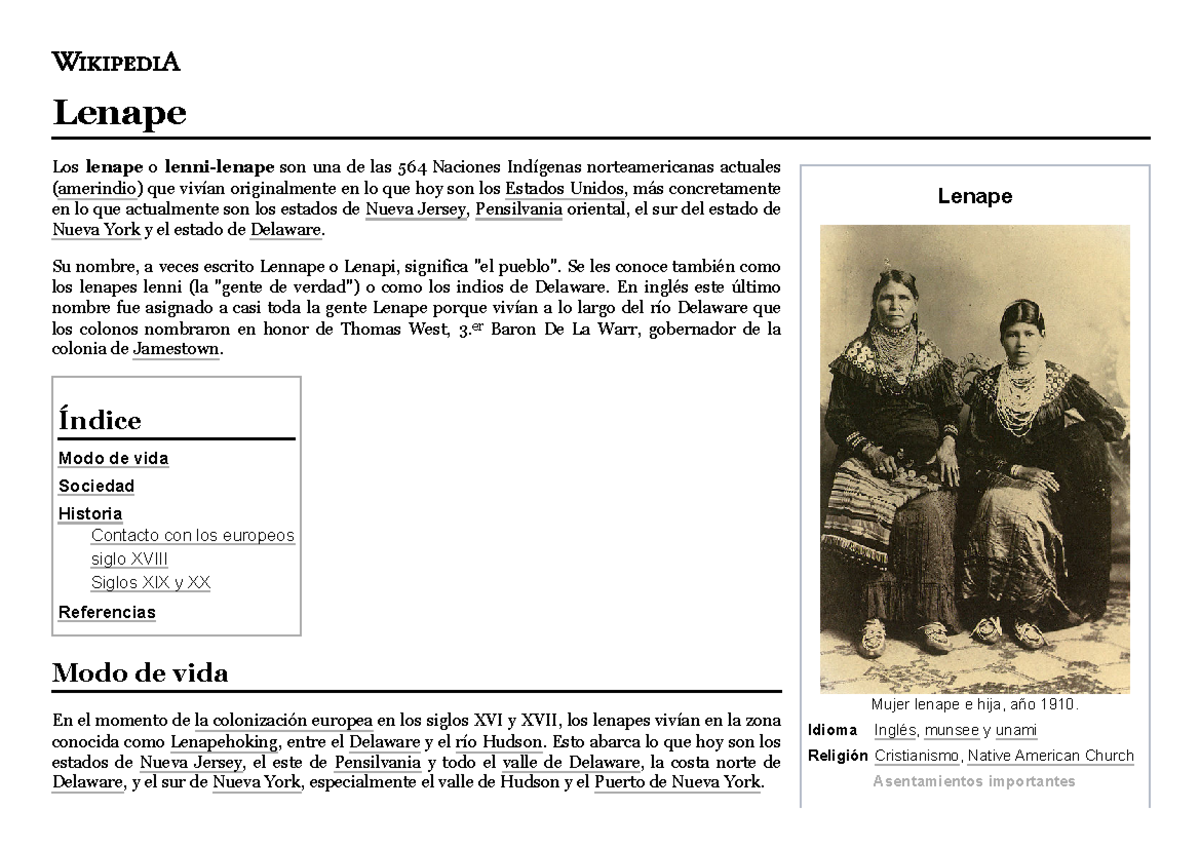 Lenape - Wikipedia, la enciclopedia libre - Lenape Mujer lenape e hija, año 1910. Idioma Inglés ...