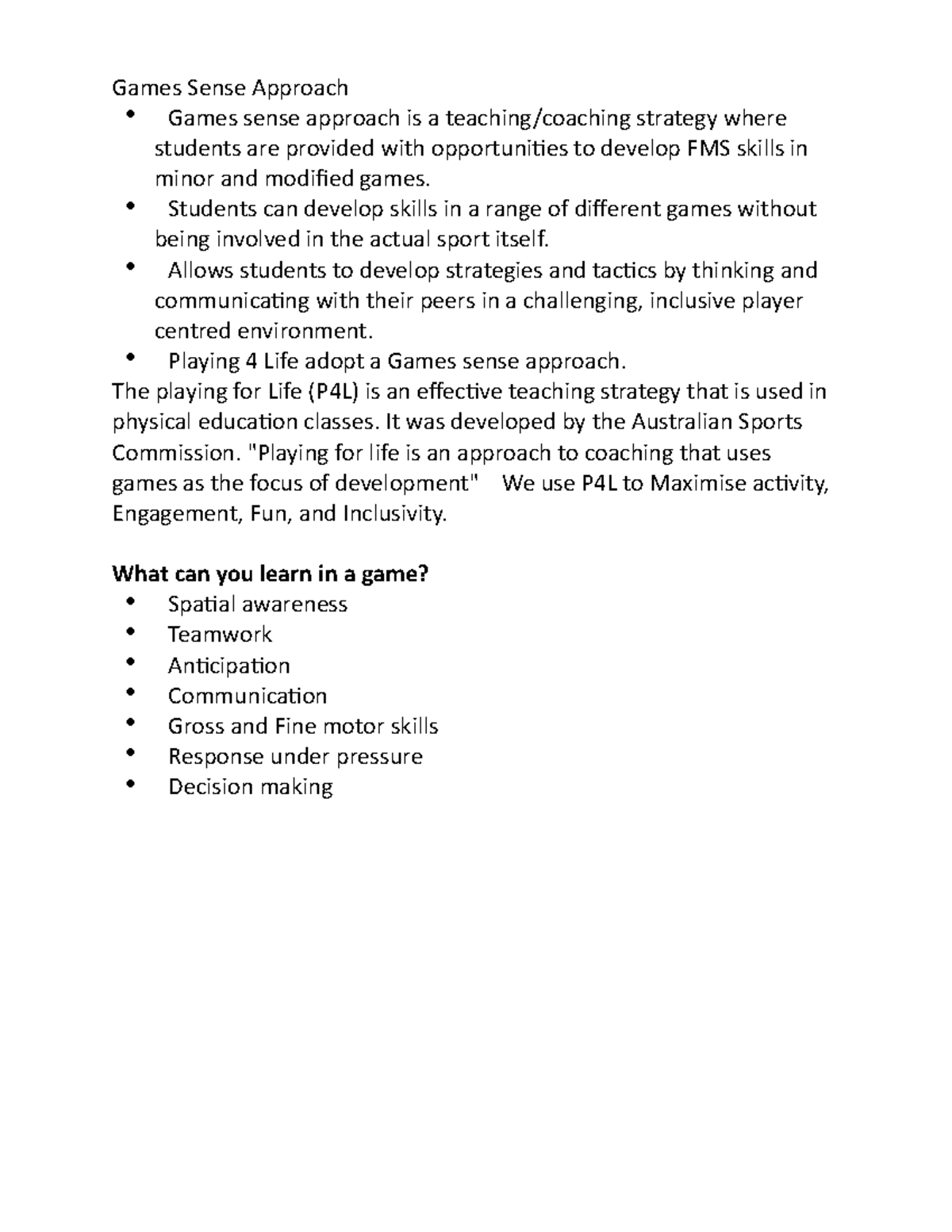 HPE2260 week 5 - Lecture notes 5 - Games Sense Approach Games sense ...