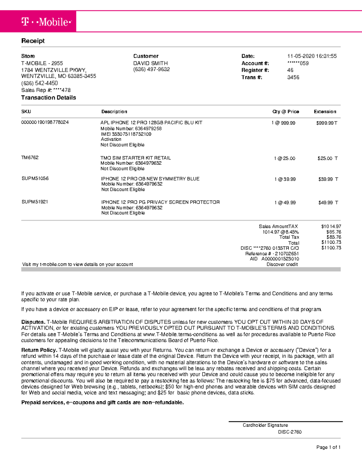353075118752109 Tmobile - Page 1 of 1 Receipt Date: Account #: Register ...