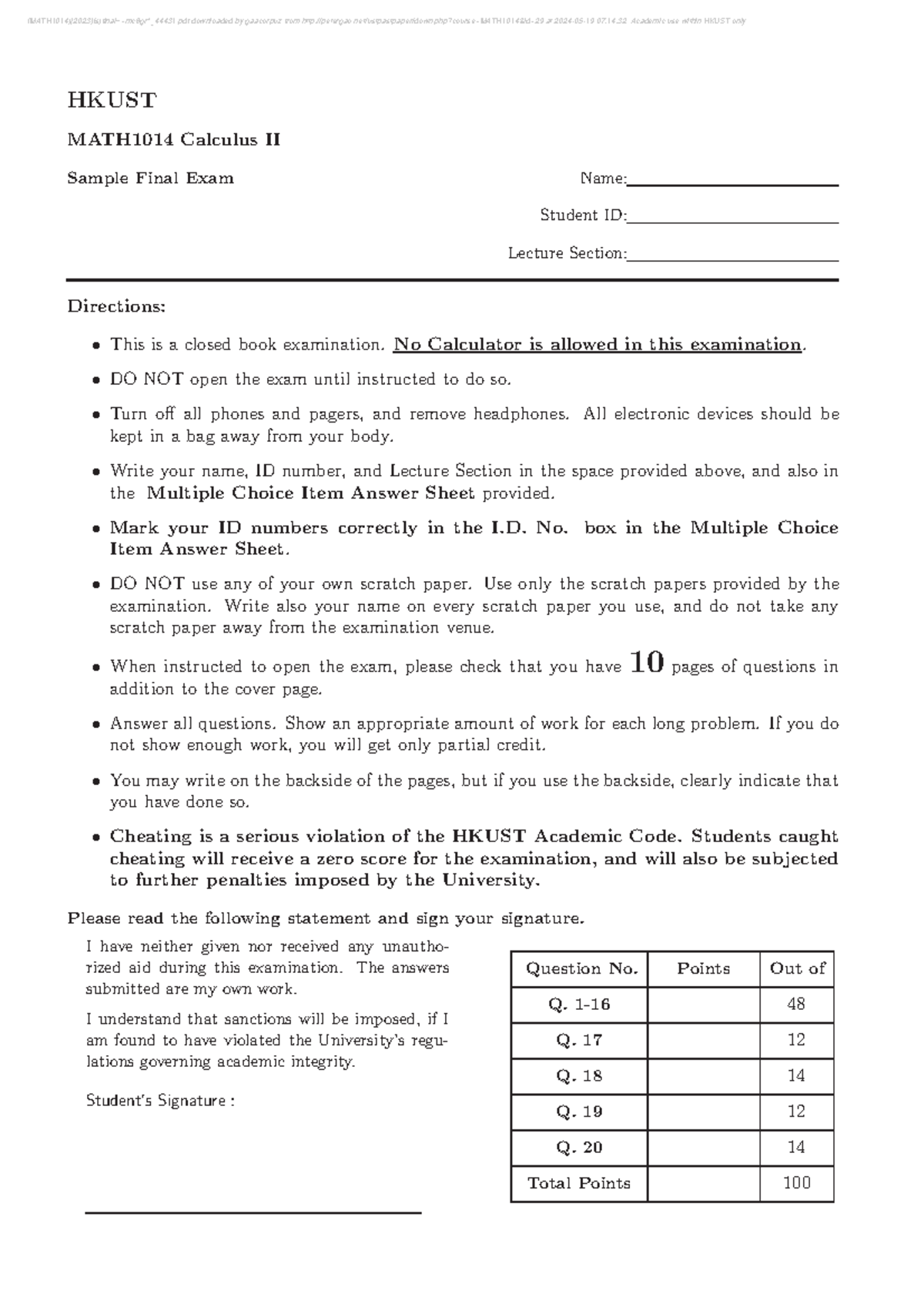 (MATH1014)[2023](s)final~=mc8gr^ 44431 - HKUST MATH1014 Calculus II Sample Final Exam Name ...