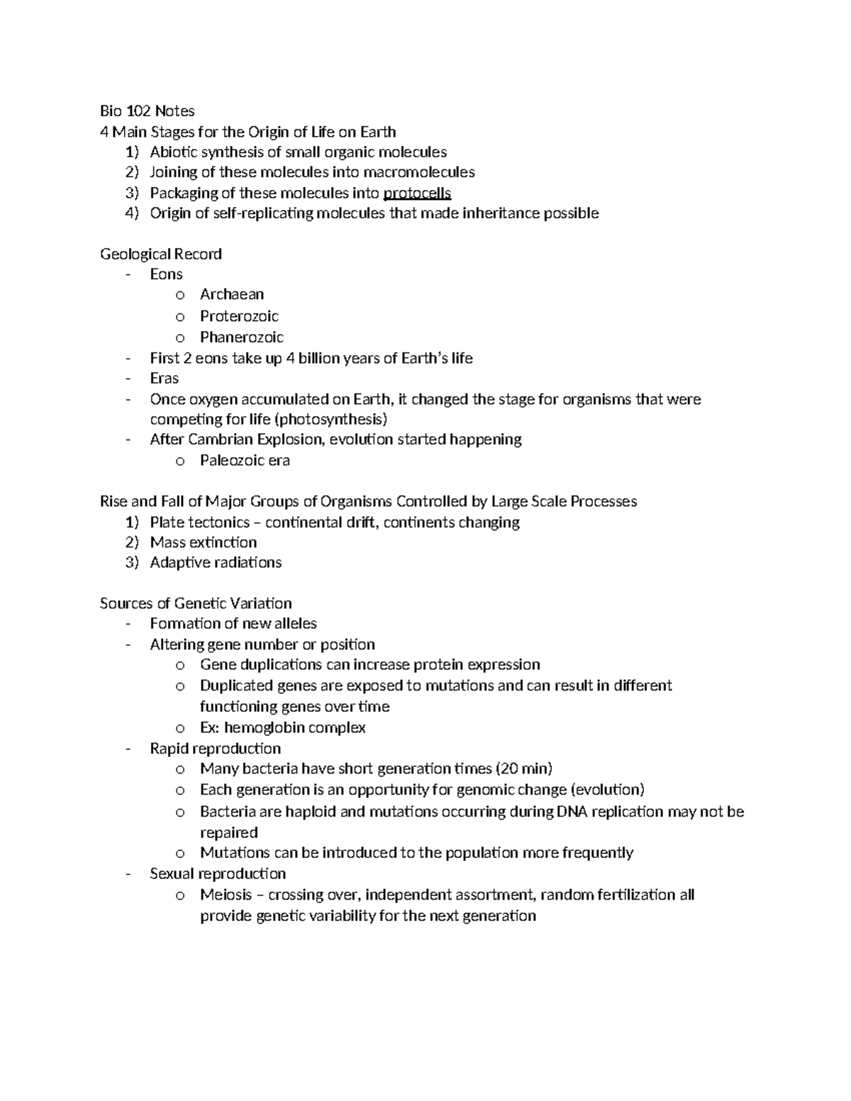 Bio 102 Notes - Bio 102 Notes 4 Main Stages for the Origin of Life on ...