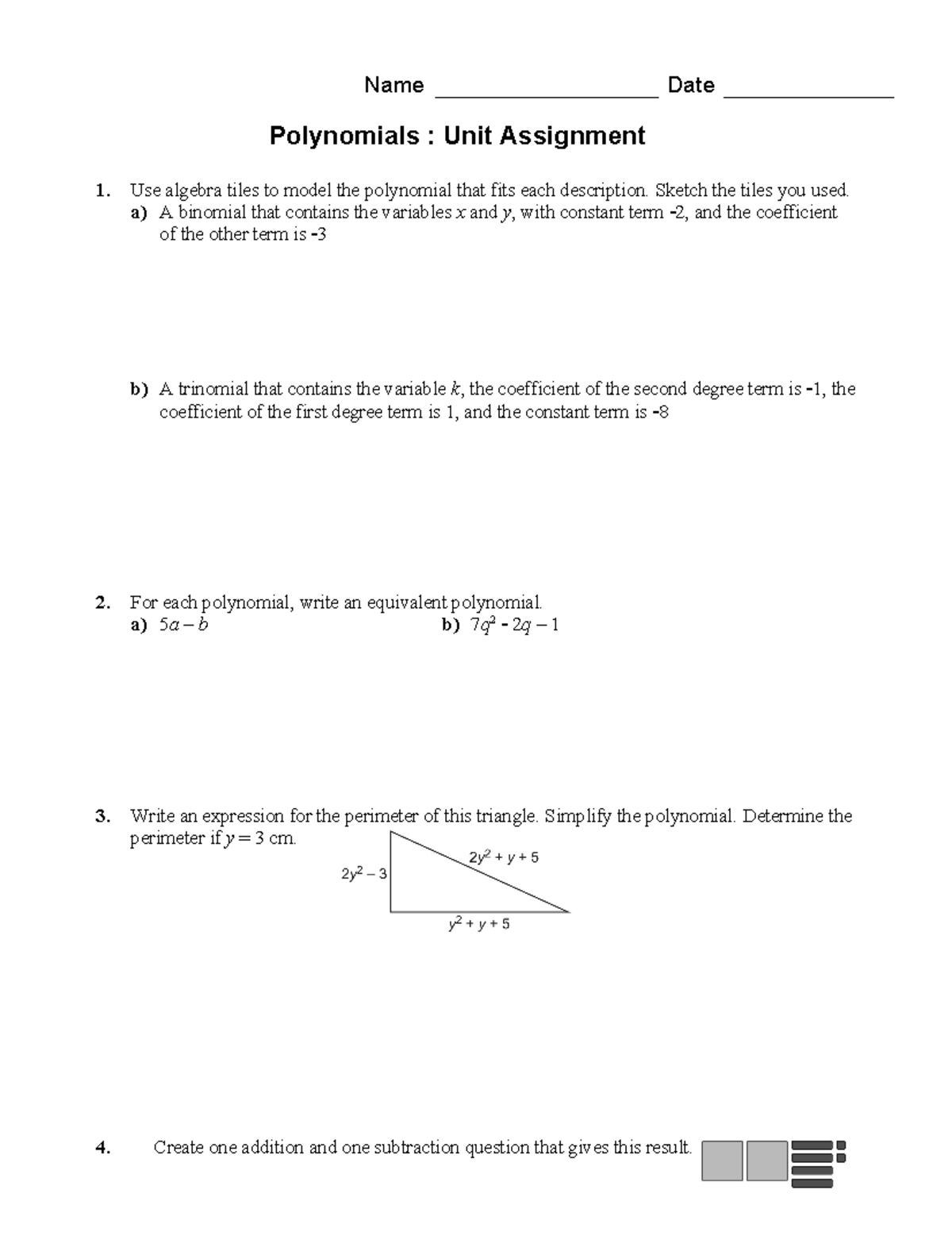 Polynomials Unit Assignment Name Date Polynomials Unit Assignment Use Algebra Tiles To Model