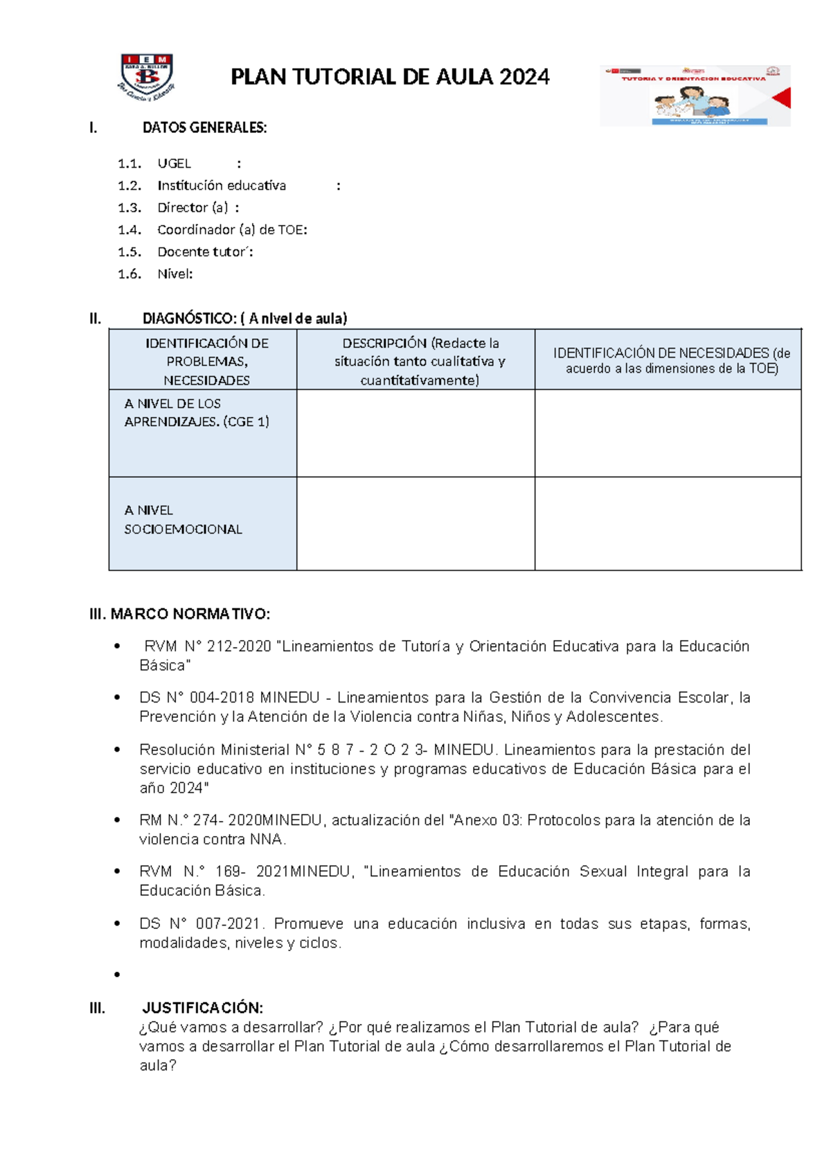 PLAN Tutorial DE AULA 2024 - PLAN TUTORIAL DE AULA 2024 I. DATOS GENERALES: 1. UGEL : 1 ...