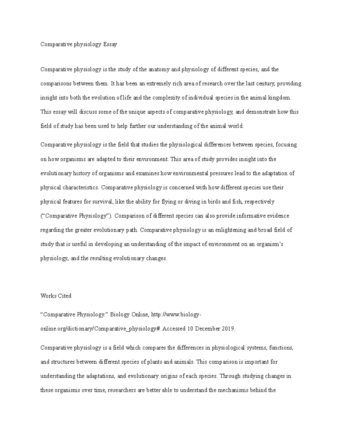 Comparative physiology Essay - Comparative physiology Essay Comparative ...