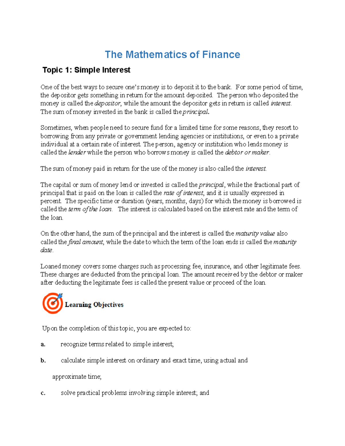 Lesson 5 Finals MMW - N/A - The Mathematics of Finance Topic 1: Simple ...