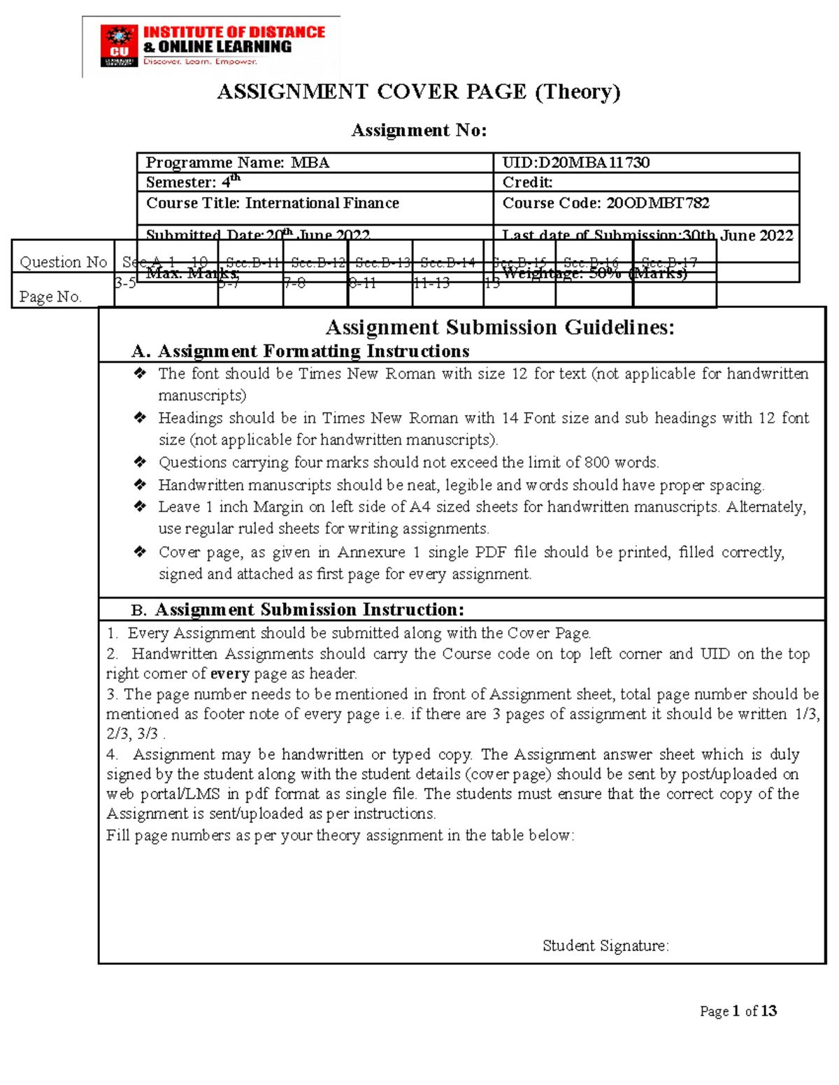 International Finance - Marks: Weightage: 50% (Marks) Assignment Submission Guidelines: A. - Studocu