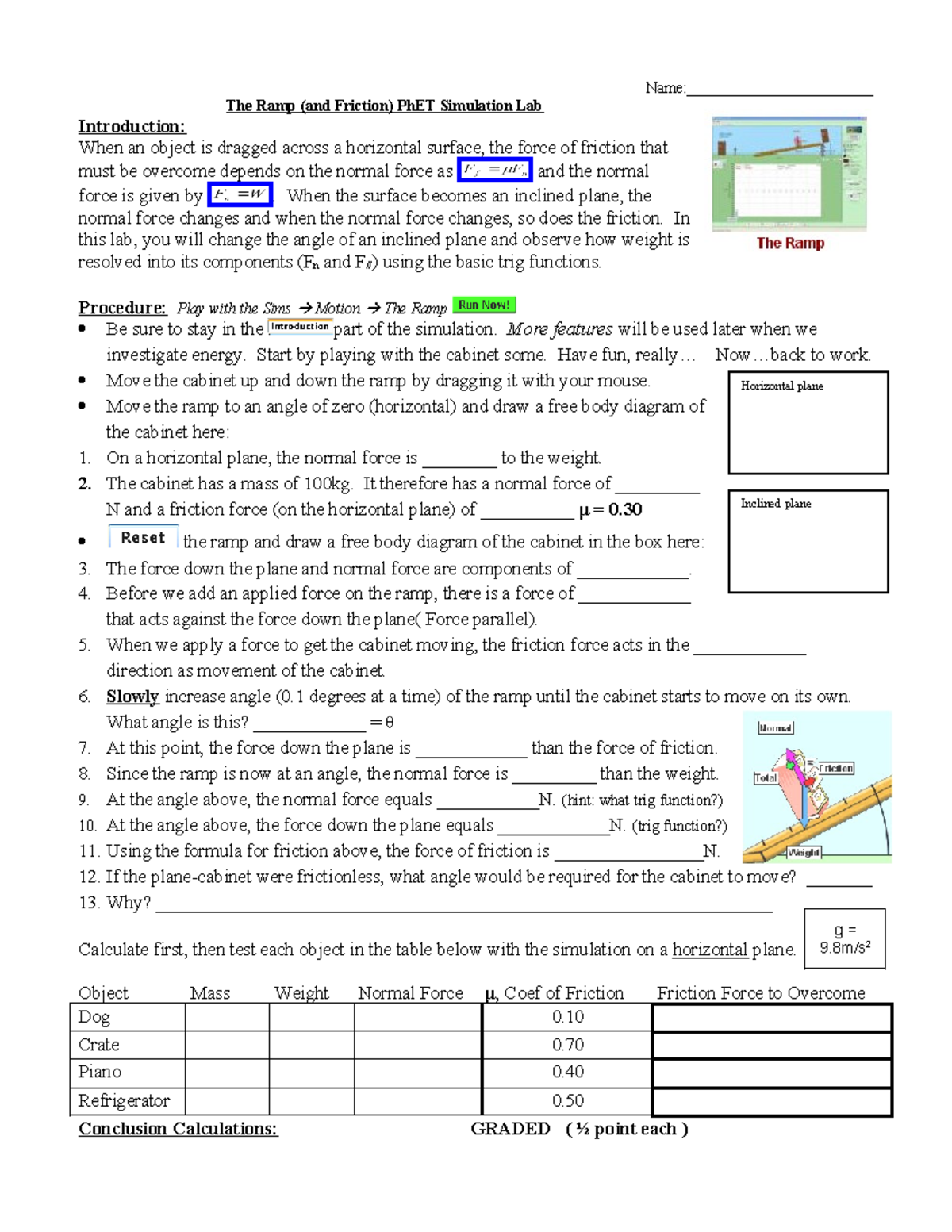 Newton ramp lab2009 - do it - Horizontal plane Inclined plane Name