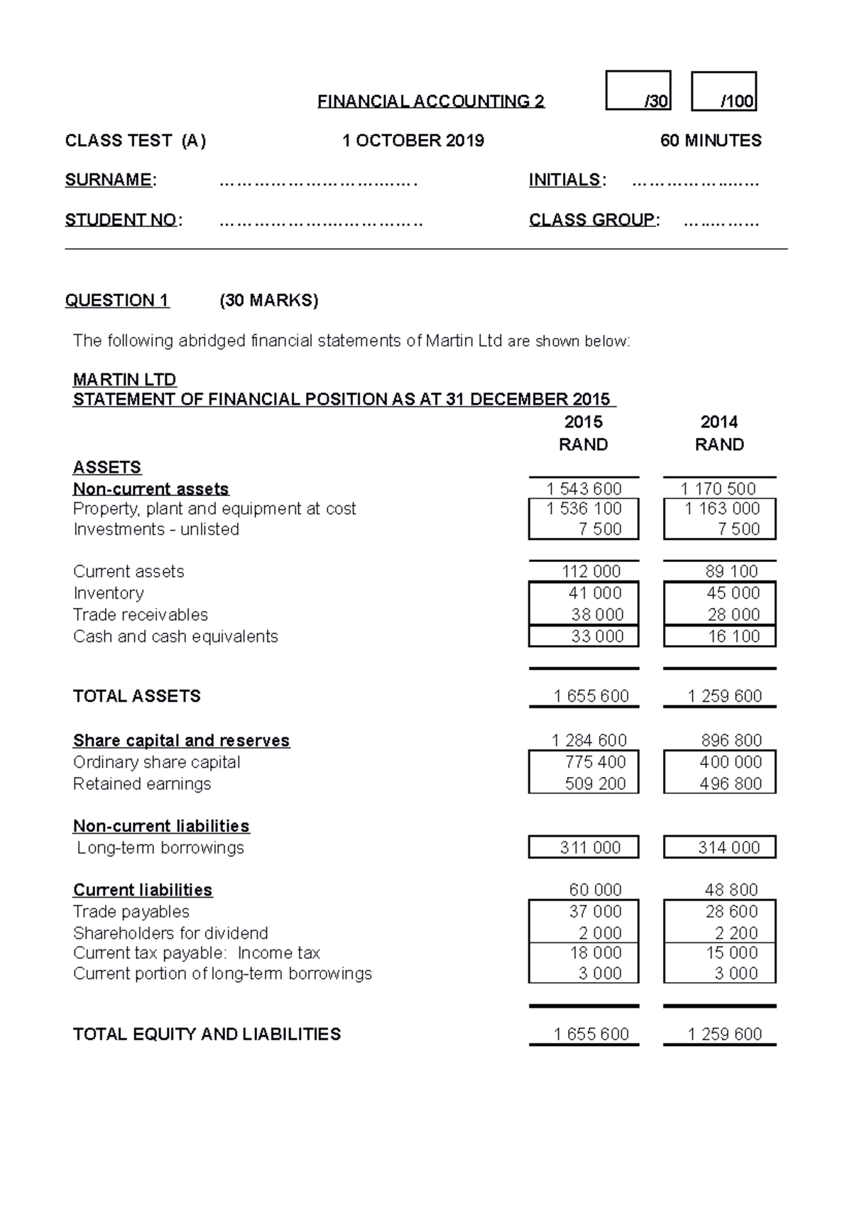 CASH FLOW TEST A (2019 ) Version 2 - FINANCIAL ACCOUNTING 2 /30 / CLASS ...