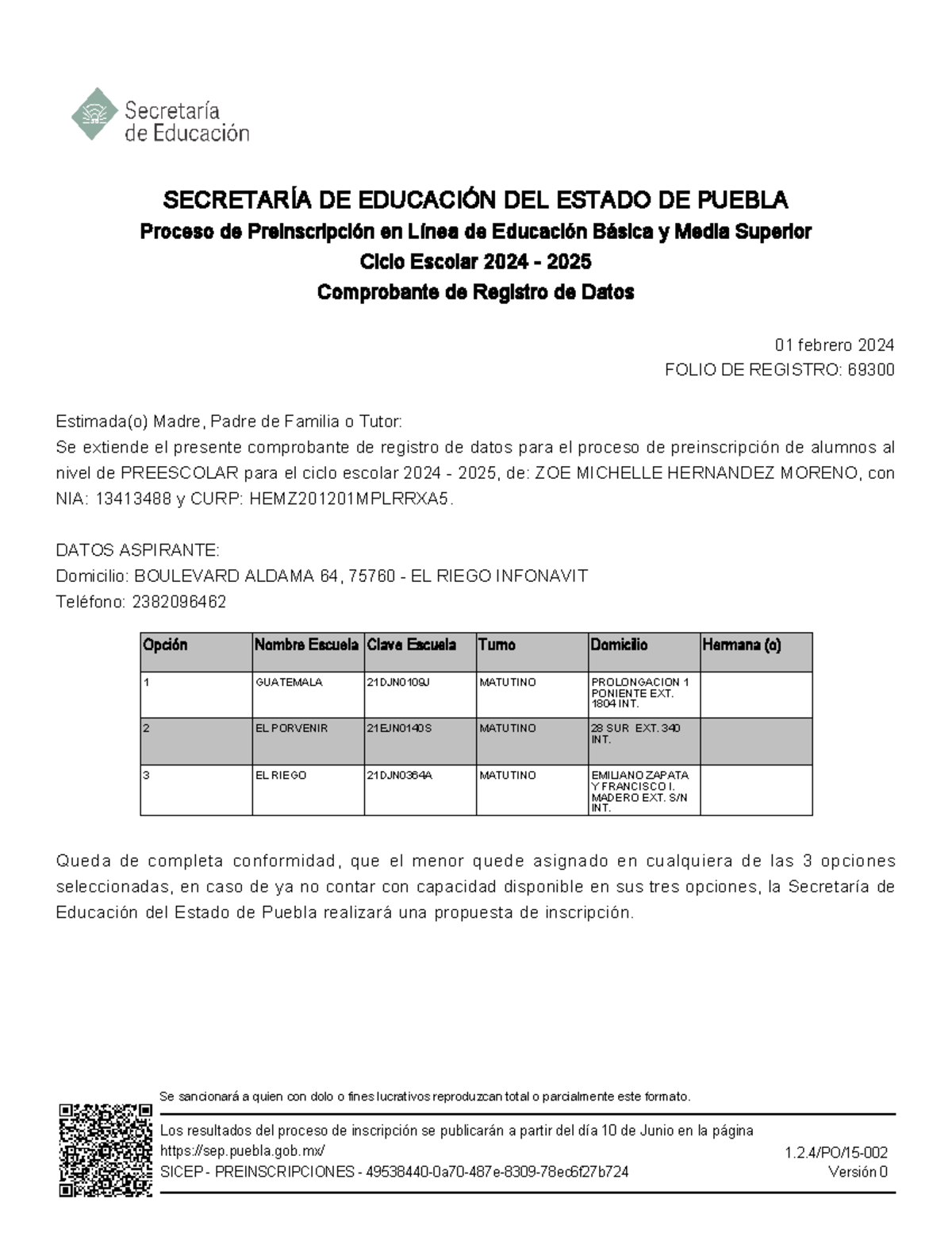 Ficha Preinscripcion ZOE - Los resultados del proceso de inscripción se publicarán a partir del ...