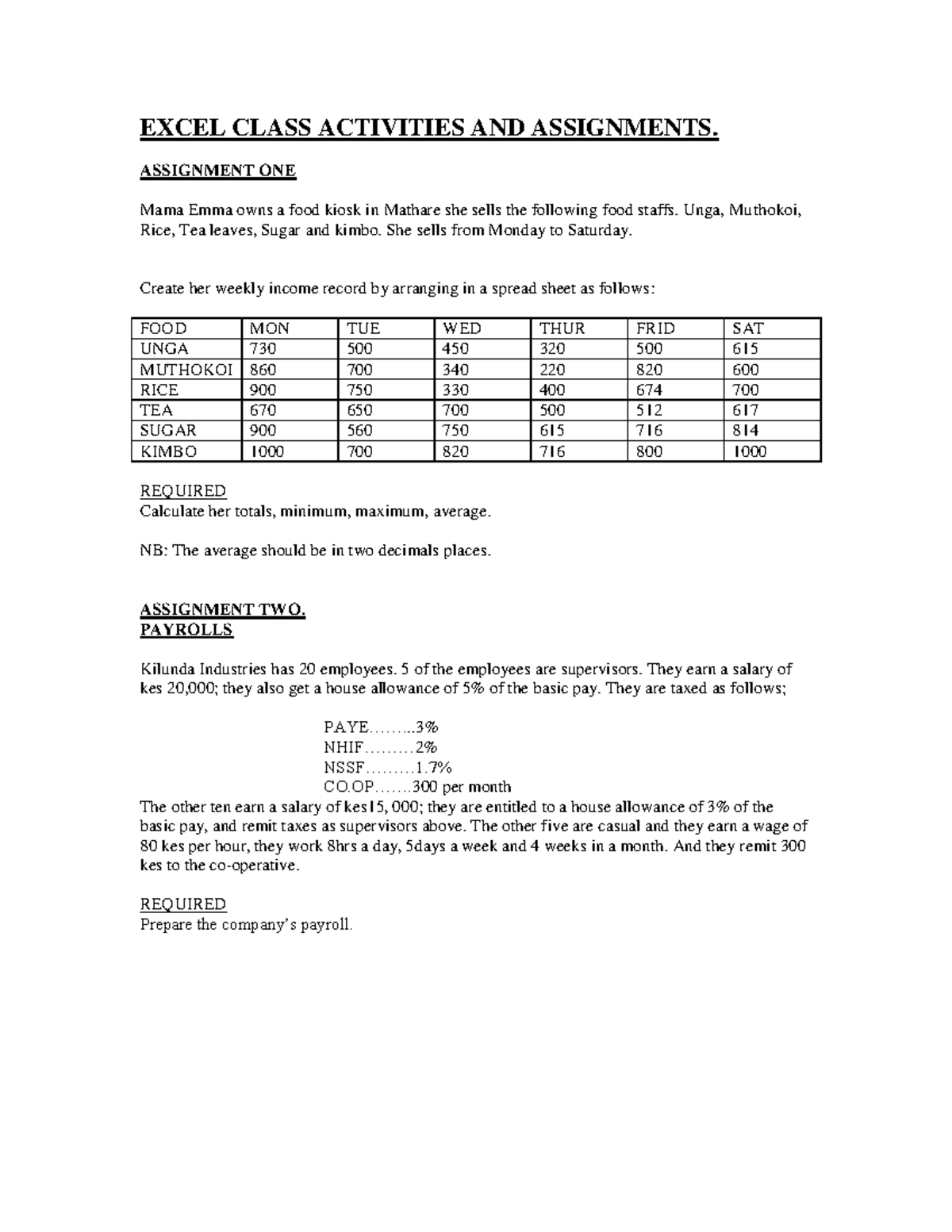 Excel Student TEST - N/A - EXCEL CLASS ACTIVITIES AND ASSIGNMENTS ...