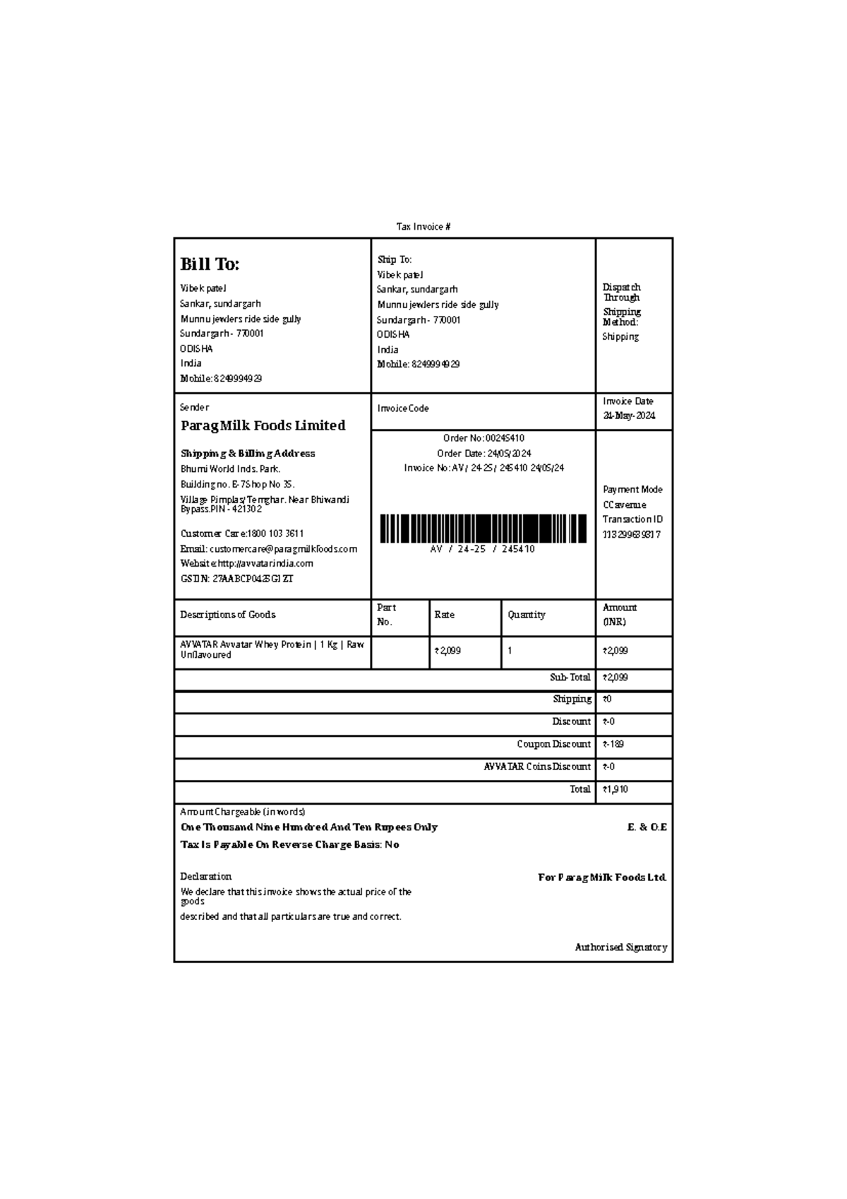Avvatar - Didi - Declaration We declare that this invoice shows the ...