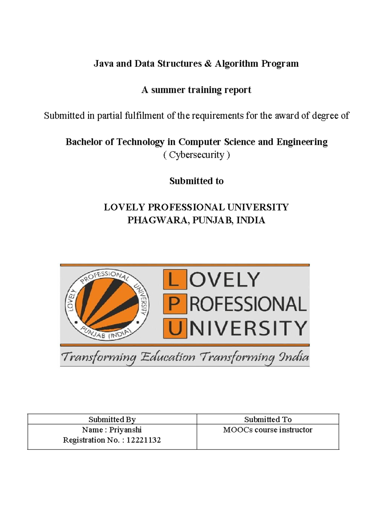Anurag report - Java and Data Structures & Algorithm Program A summer training report Submitted ...