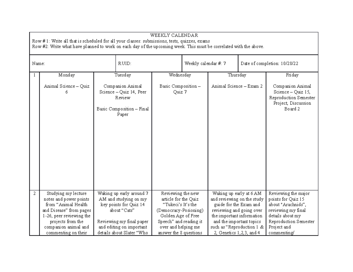 Weekly planner 7 - WEEKLY CALENDAR Row # 1: Write all that is scheduled ...