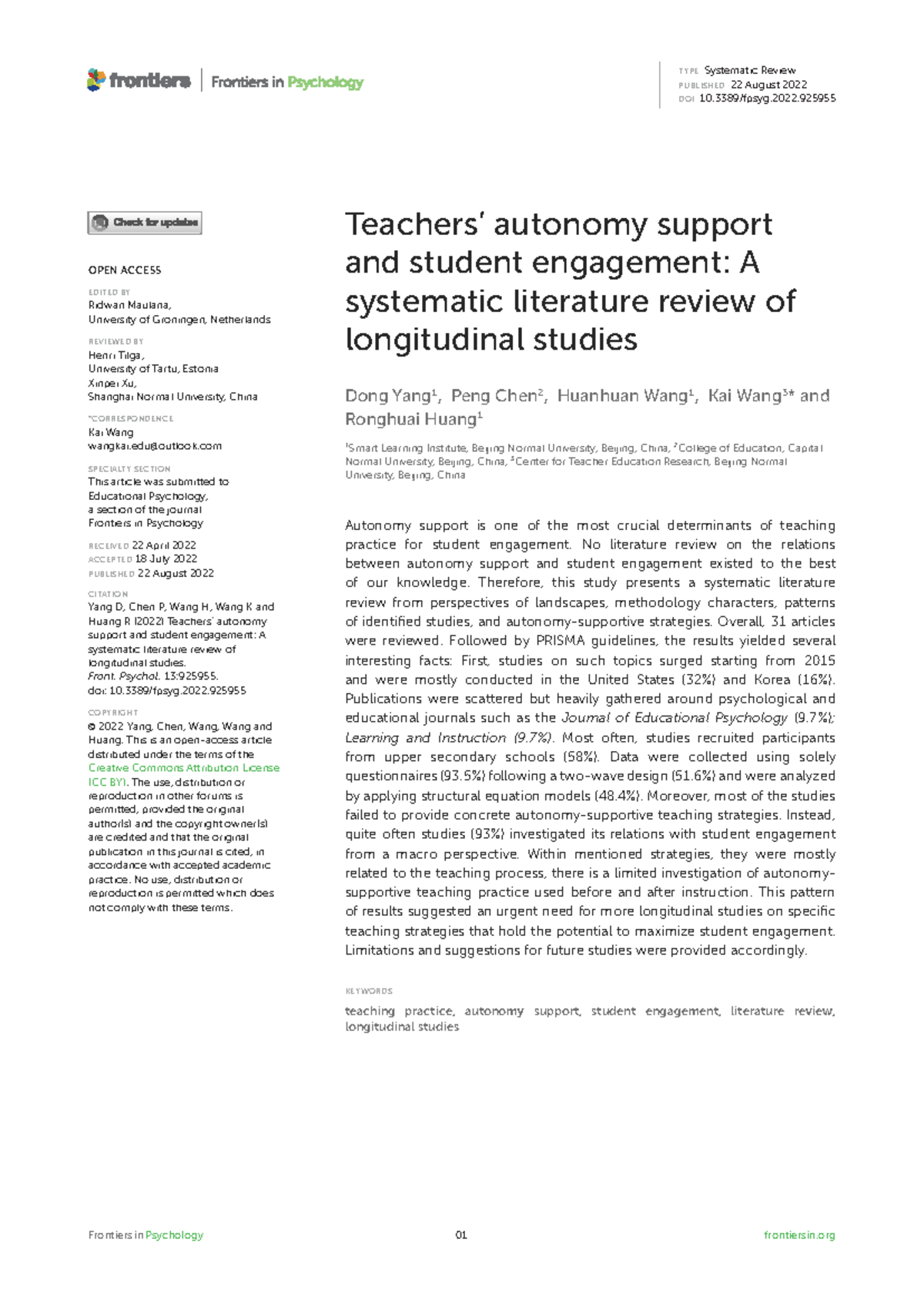 Teachers' autonomy support and student engagement: A systematic ...
