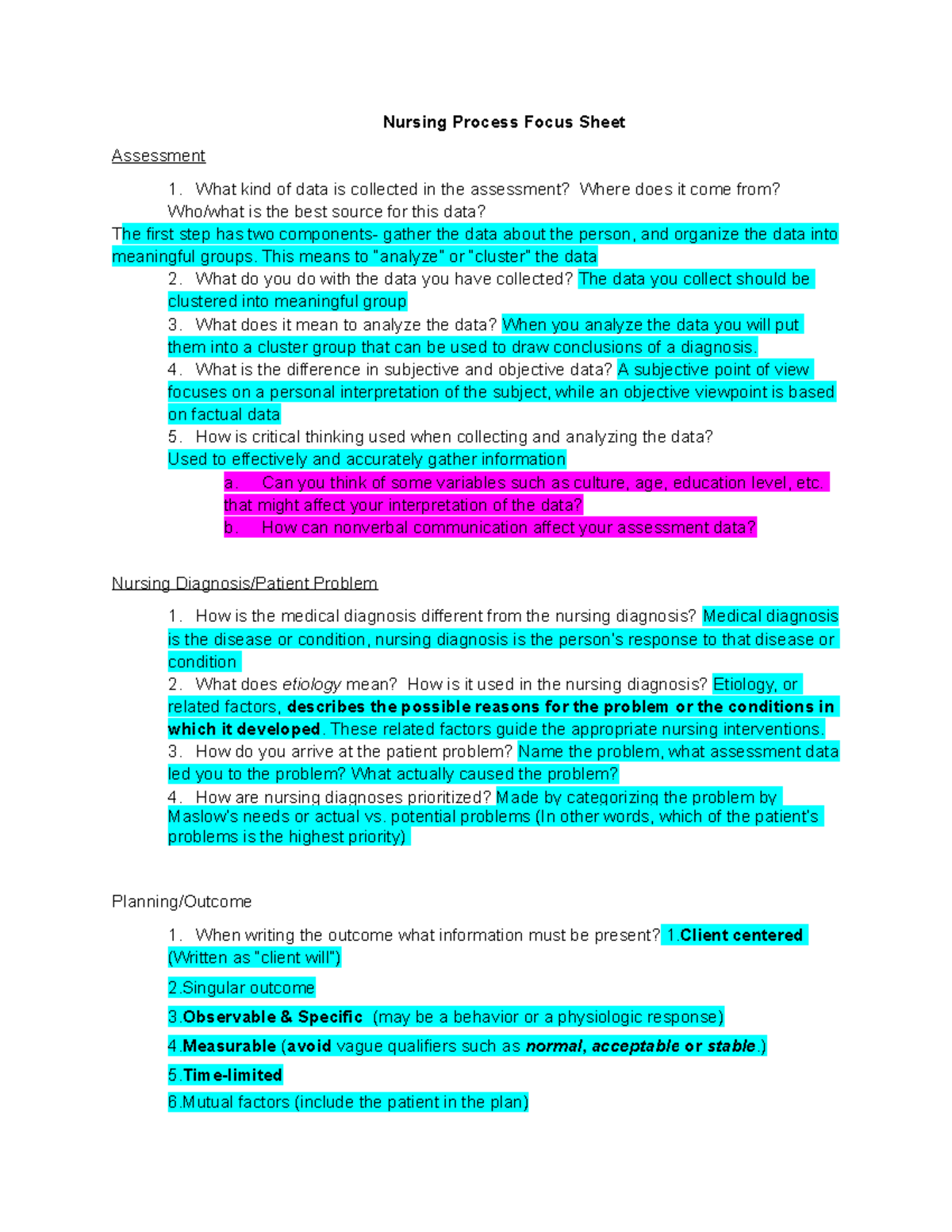 Nursing Process Focus Sheet Foundations - Nursing Process Focus Sheet ...