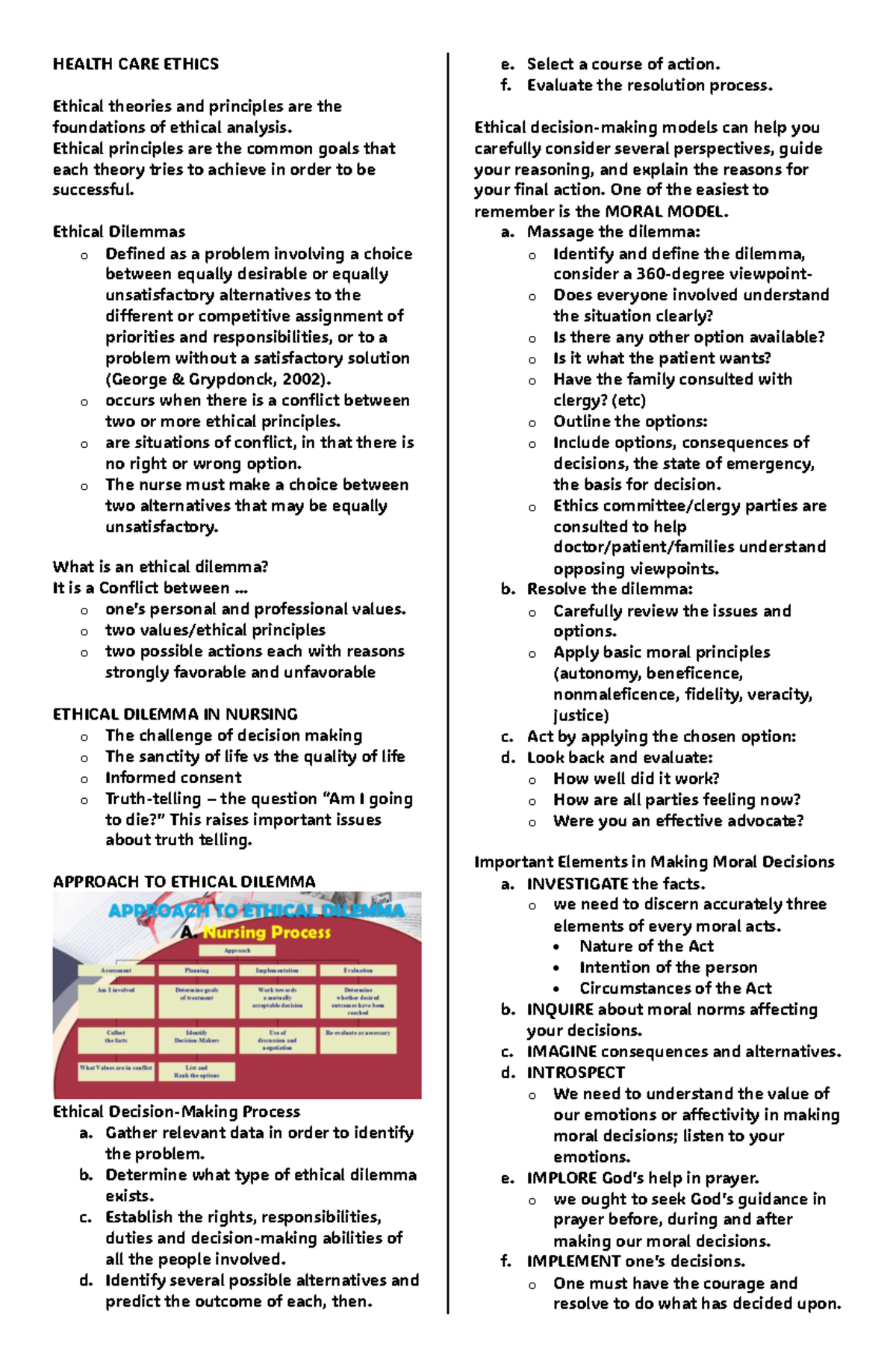 Health CARE Ethics Notes - HEALTH CARE ETHICS Ethical theories and ...