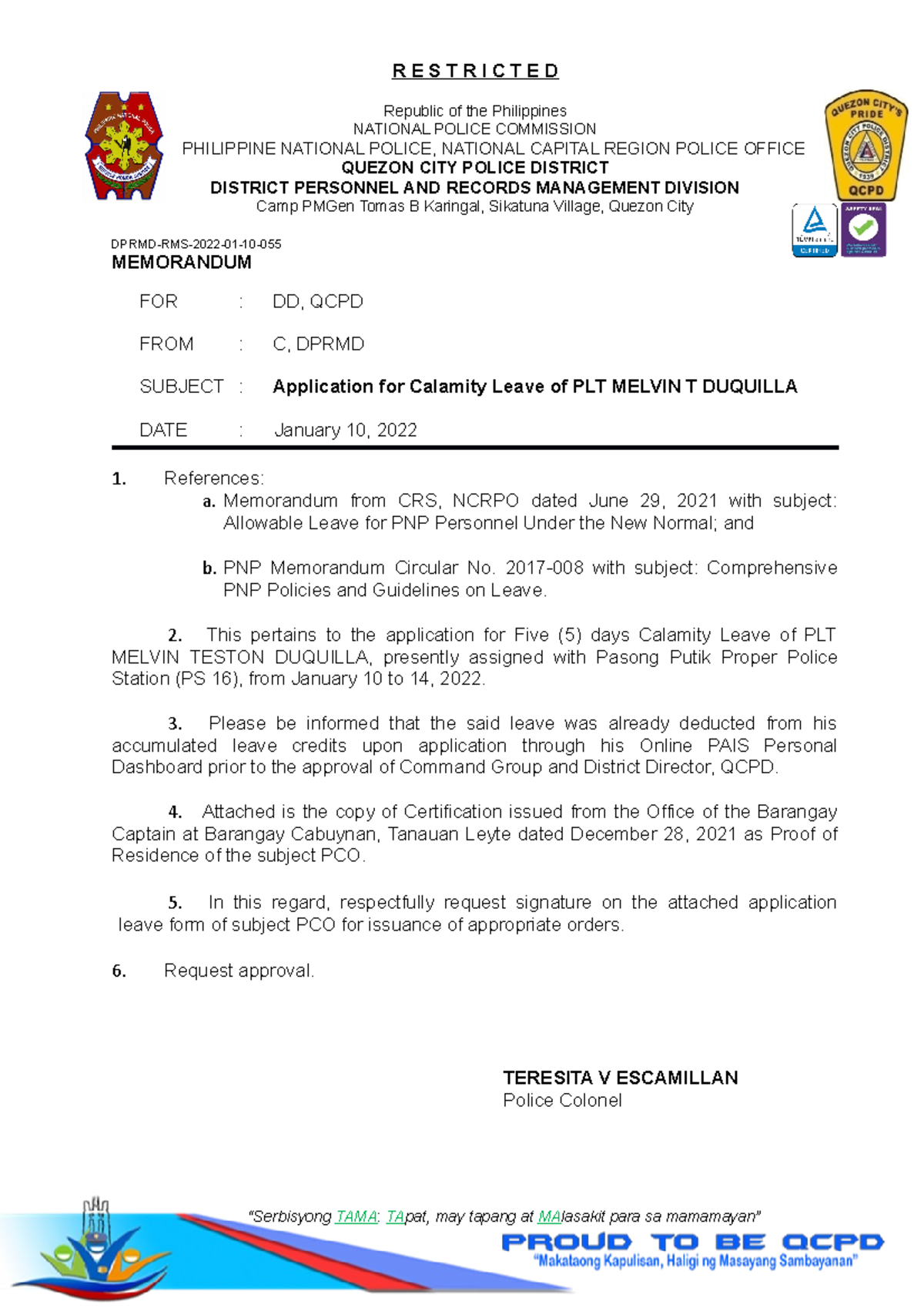 Application for Calamity Leave of PLT Melvin T Duquilla - R E S T R I C ...
