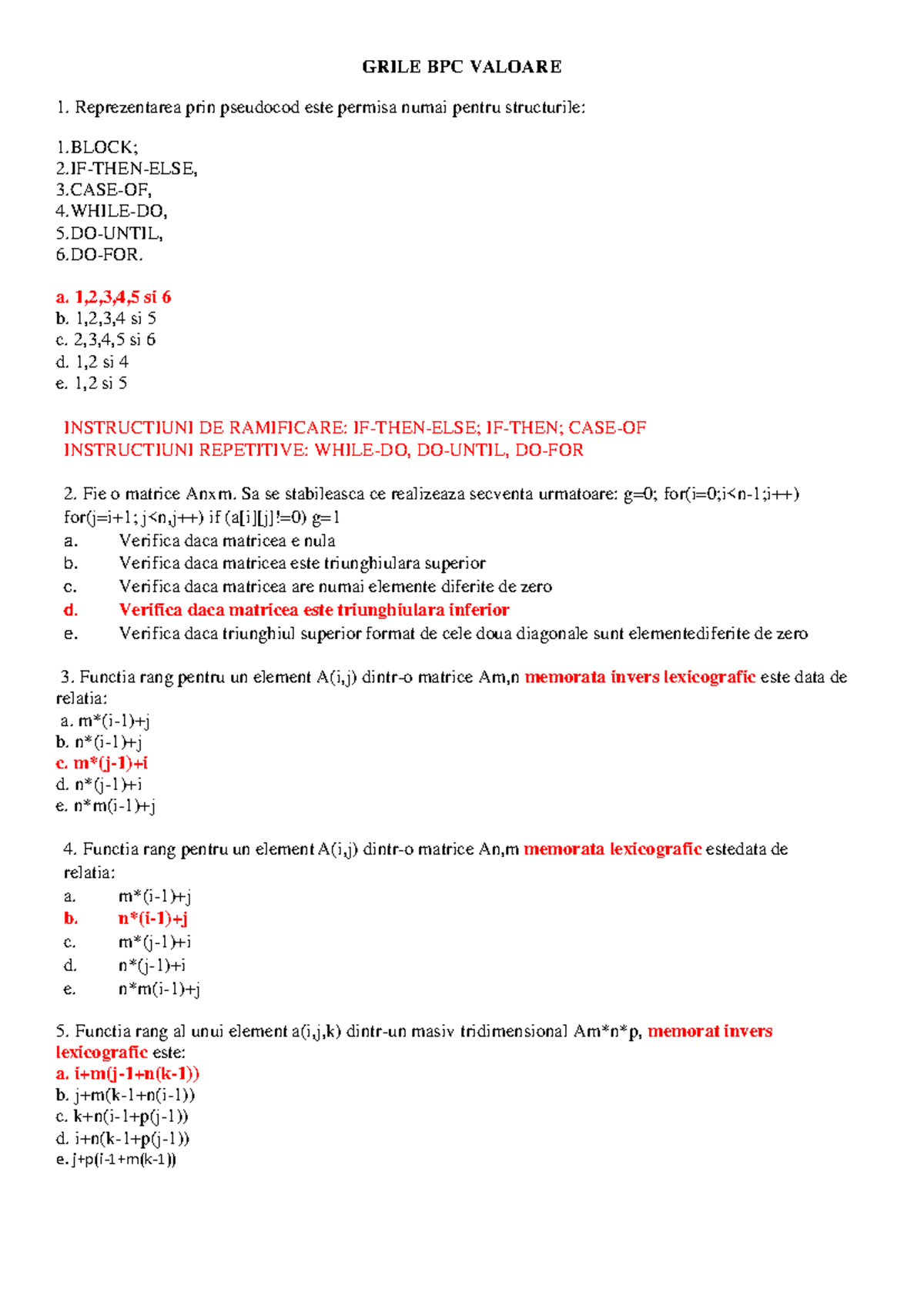 Bazele Programării Calculatoarelor - Grile Test - GRILE BPC VALOARE ...