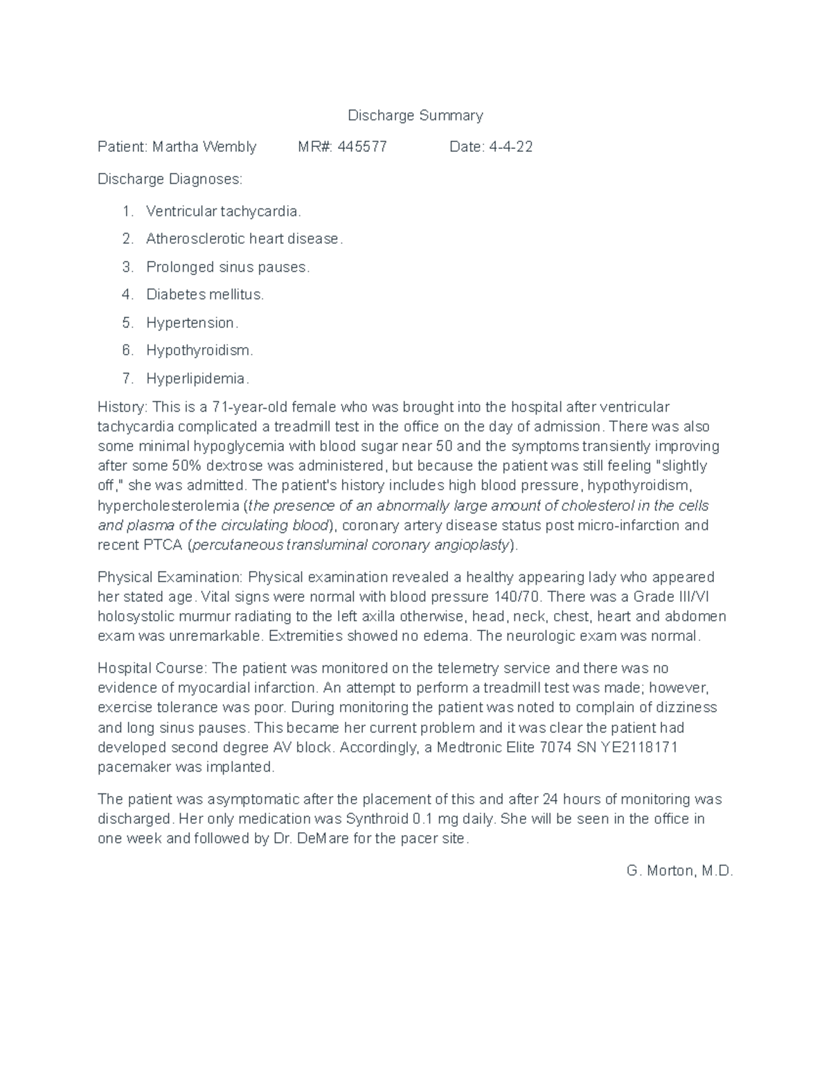CH 14 Medical Record Assignment SD - Discharge Summary Patient: Martha ...